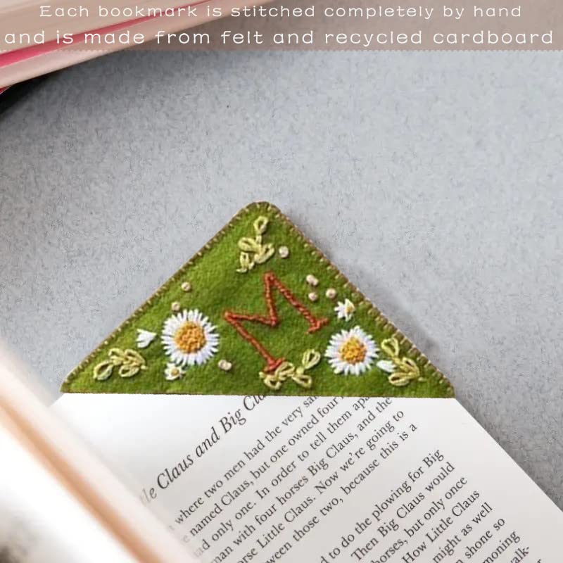 Personalized Hand Embroidered Corner Bookmark,Hand Stitched Felt Corner Bookmark,Cute Flower Letter Embroidery Bookmarks for Book Reading Lovers Meaningful Gift(4 PCS)