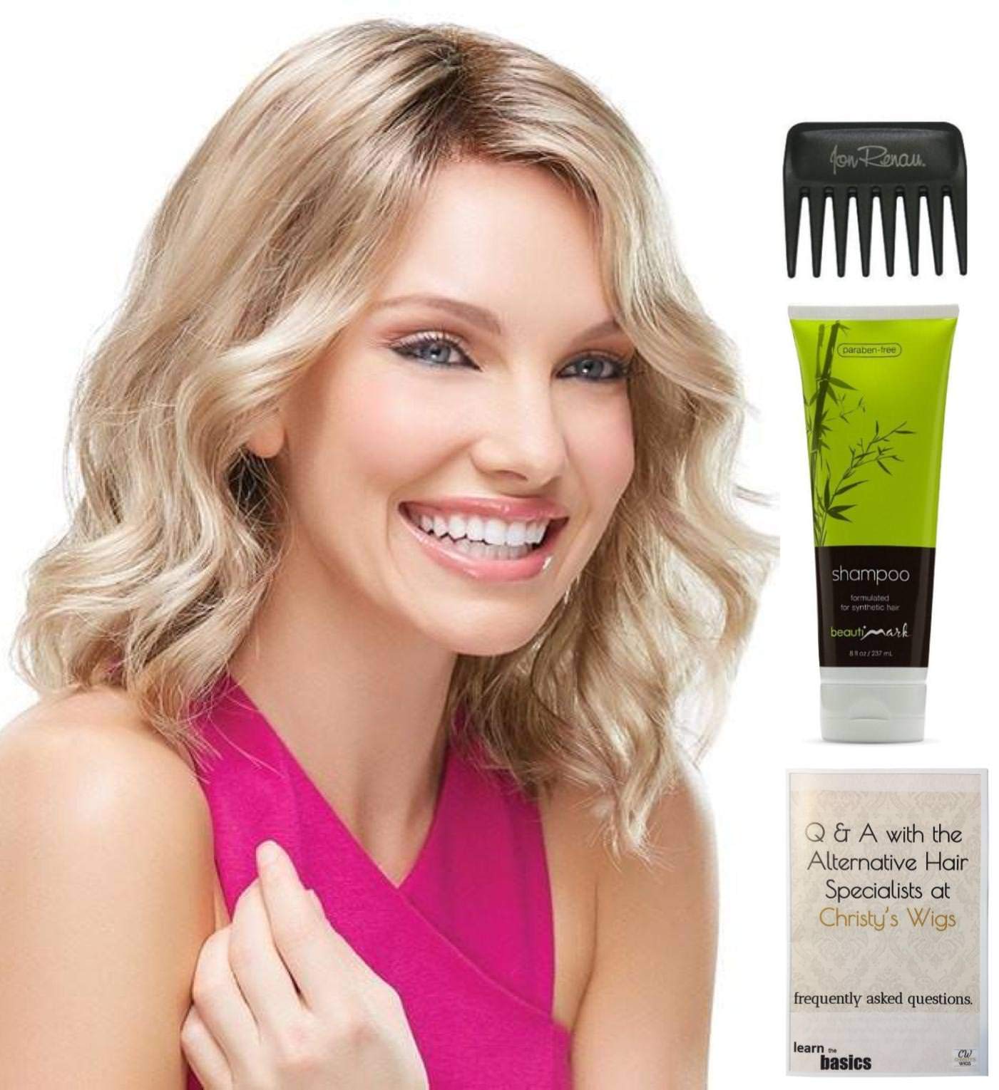 Bundle - 4 items: Scarlett Petite Wig by Jon Renau, Christy's Wigs Q & A Booklet, BeautiMark Synthetic Shampoo & Wide Tooth Comb - Color: 24BT18