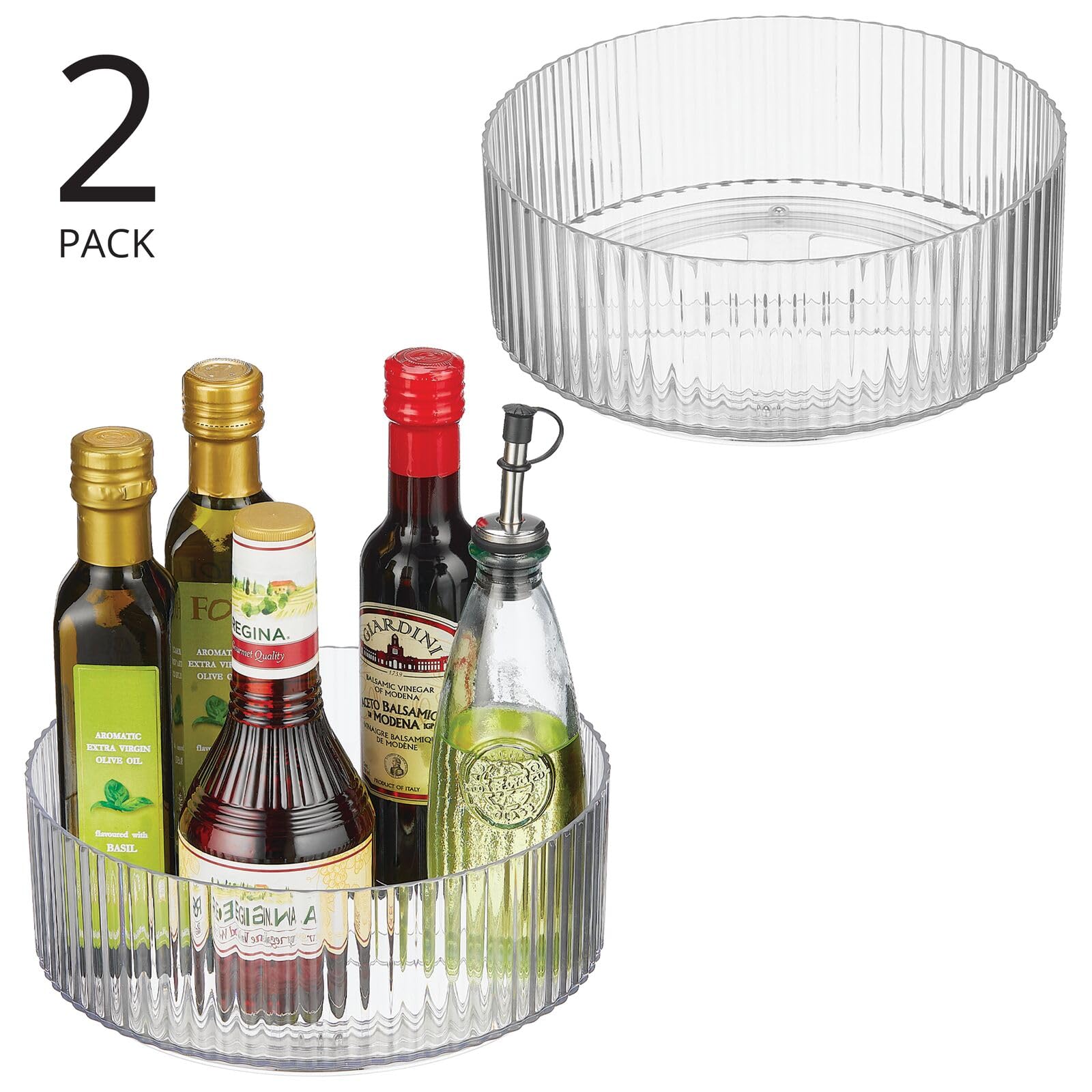 mDesign Fluted Lazy Susan Turntable Plastic Spinner for Kitchen and Bathroom Cabinet, Cupboard, Countertop Organizing, Rotating Organizer for Condiments, Jewelry, Accessories, 9" Round - 2 Pack, Clear