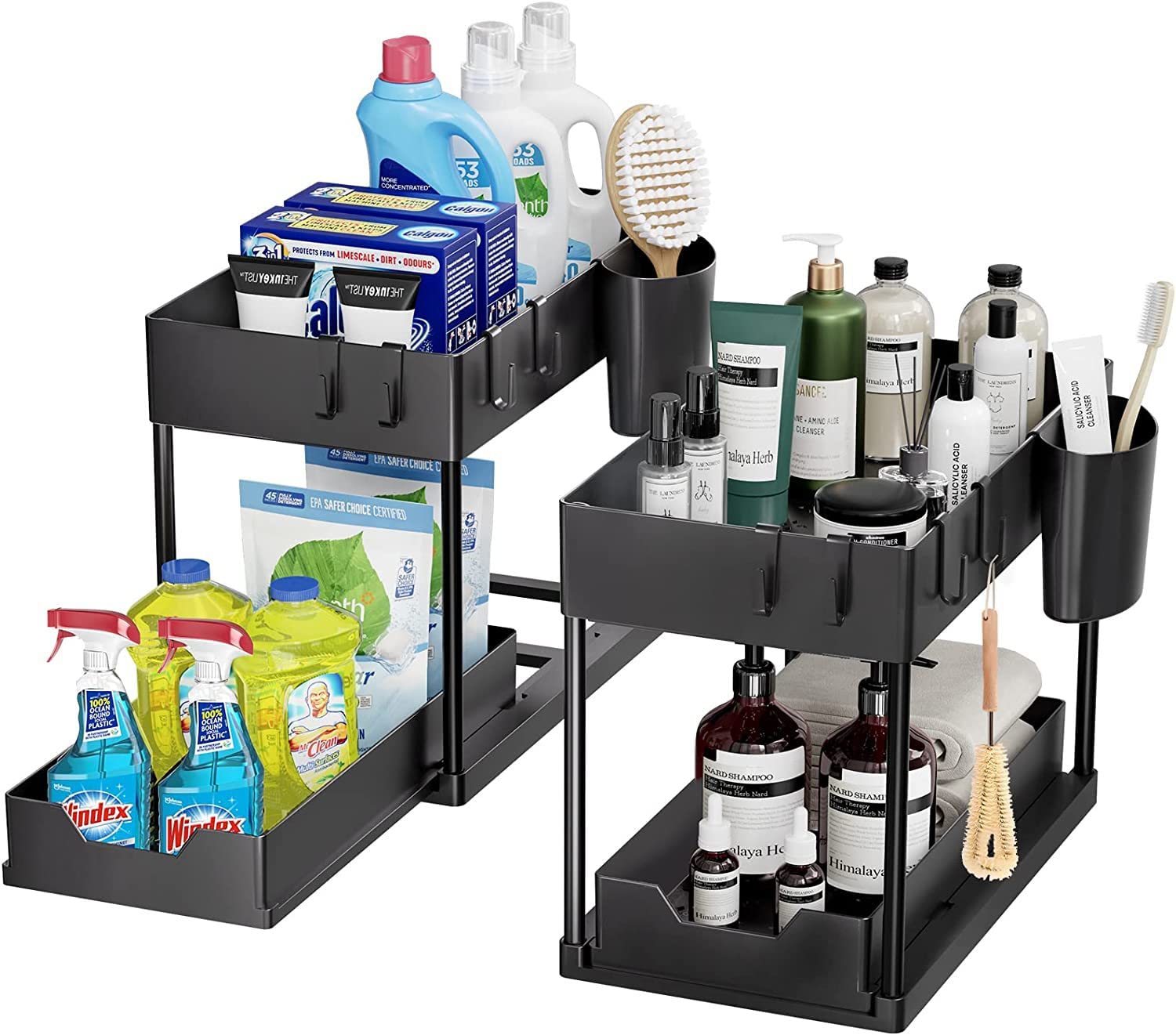 2 Pack Under Sink Organizer Storage with Sliding Cabinet Basket 2 Tier Multi-Purpose Under Sink Organizer and Storage for Bathroom Kitchen with 4 Hooks,2 Pack,Black