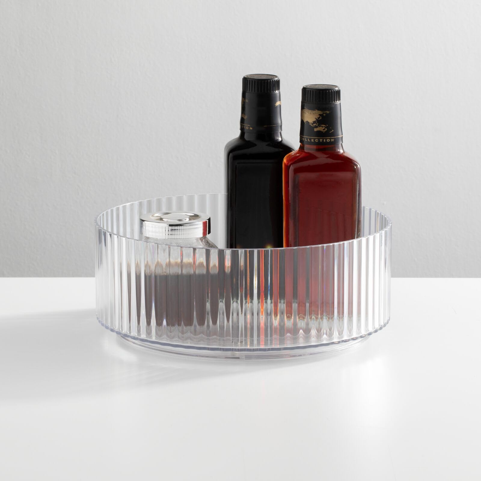 mDesign Fluted Lazy Susan Turntable Plastic Spinner for Kitchen and Bathroom Cabinet, Cupboard, Countertop Organizing, Rotating Organizer for Condiments, Jewelry, Accessories, 9" Round - 2 Pack, Clear