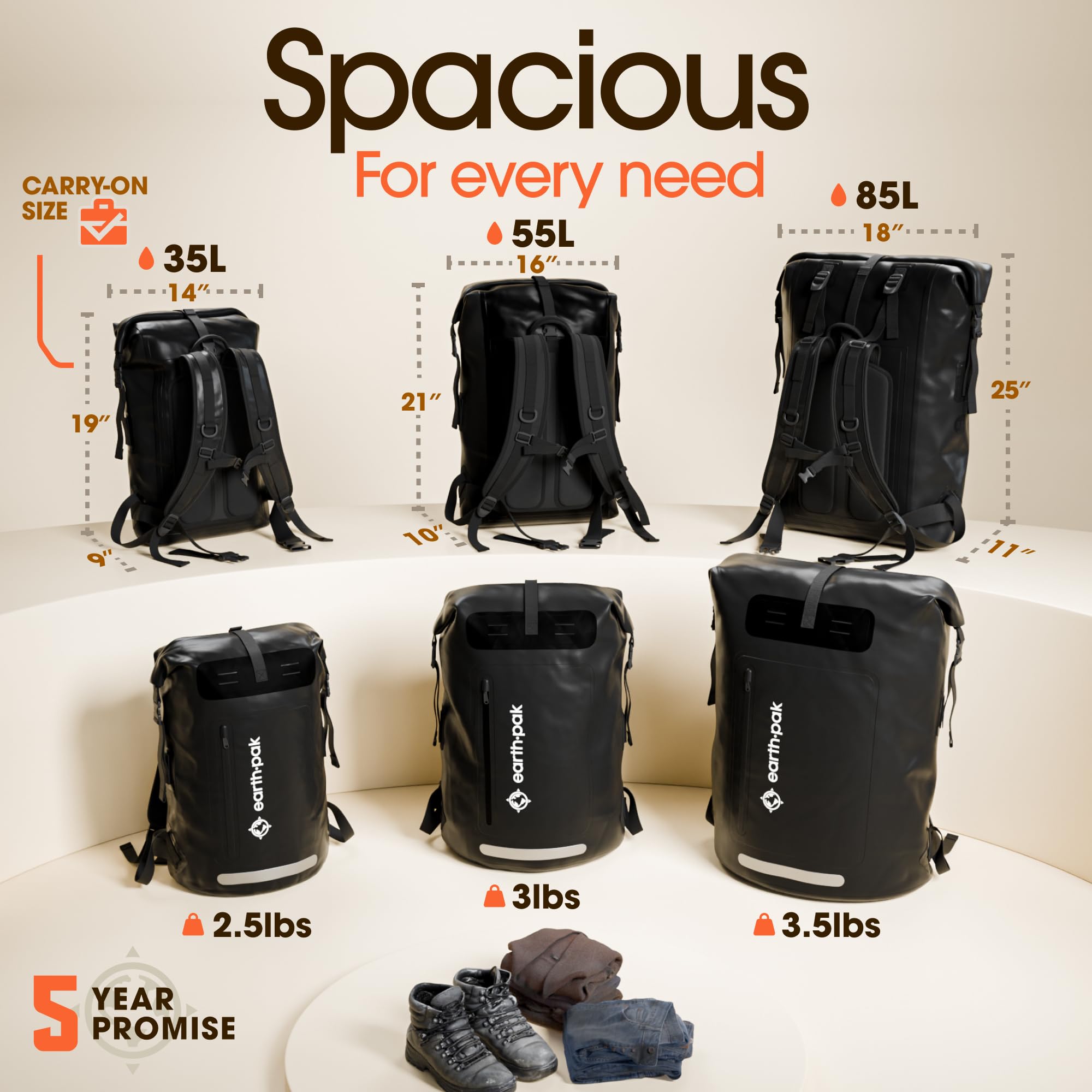 Earth Pak Waterproof Backpack - Heavy Duty Hiking Backpack - Roll-Top Closure - Waterproof Bag - Cushioned Dry Bags Waterproof w/ IPX8 Waterproof Phone Case - Wet Bag for Hiking, Kayak(Black, 35L)