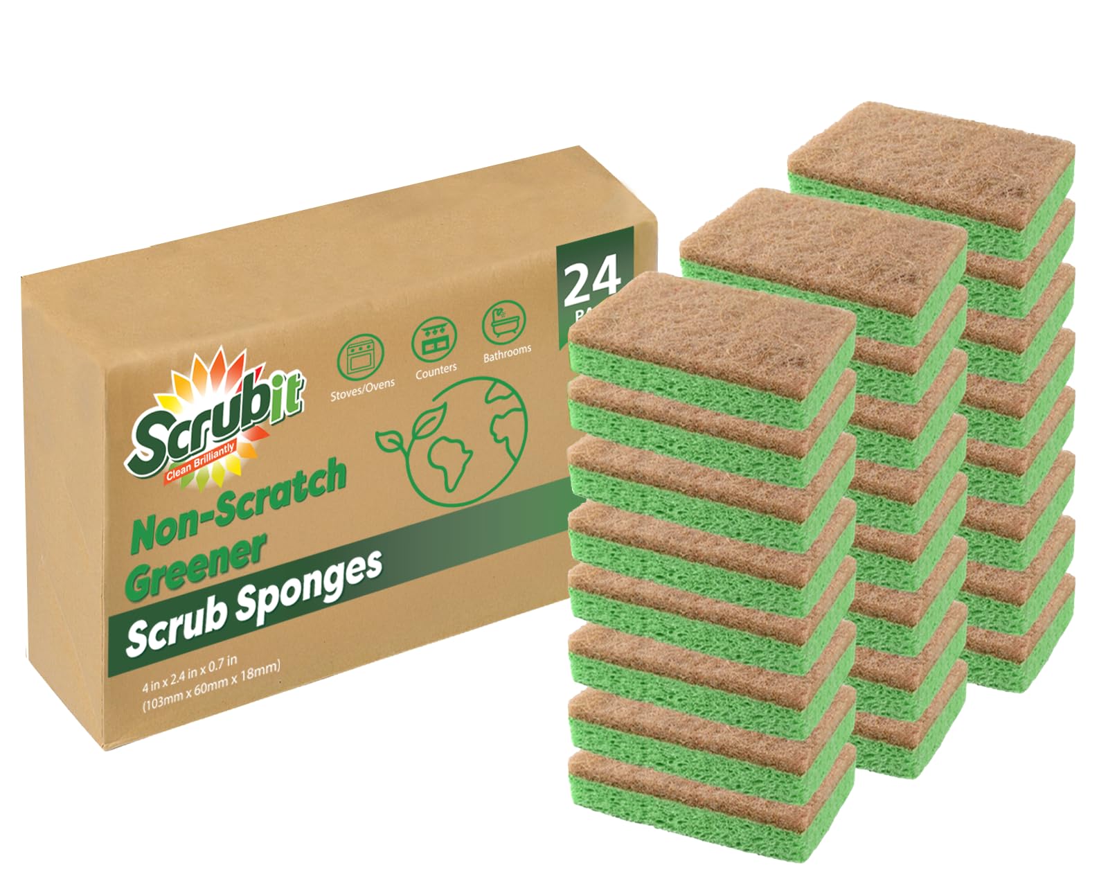 Natural Sponge by Scrubit - 24-Pack - Biodegradable Cellulose Natural Sponges for Dishes with a Tough Eco-Friendly Scouring Pad for Kitchen and Bathroom – Non-Stick Plant-Based Compostable Sponges