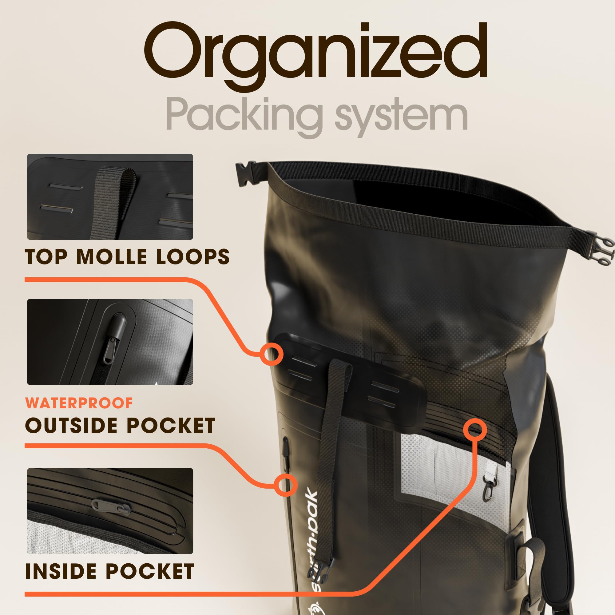 Earth Pak Waterproof Backpack - Heavy Duty Hiking Backpack - Roll-Top Closure - Waterproof Bag - Cushioned Dry Bags Waterproof w/ IPX8 Waterproof Phone Case - Wet Bag for Hiking, Kayak(Black, 35L)