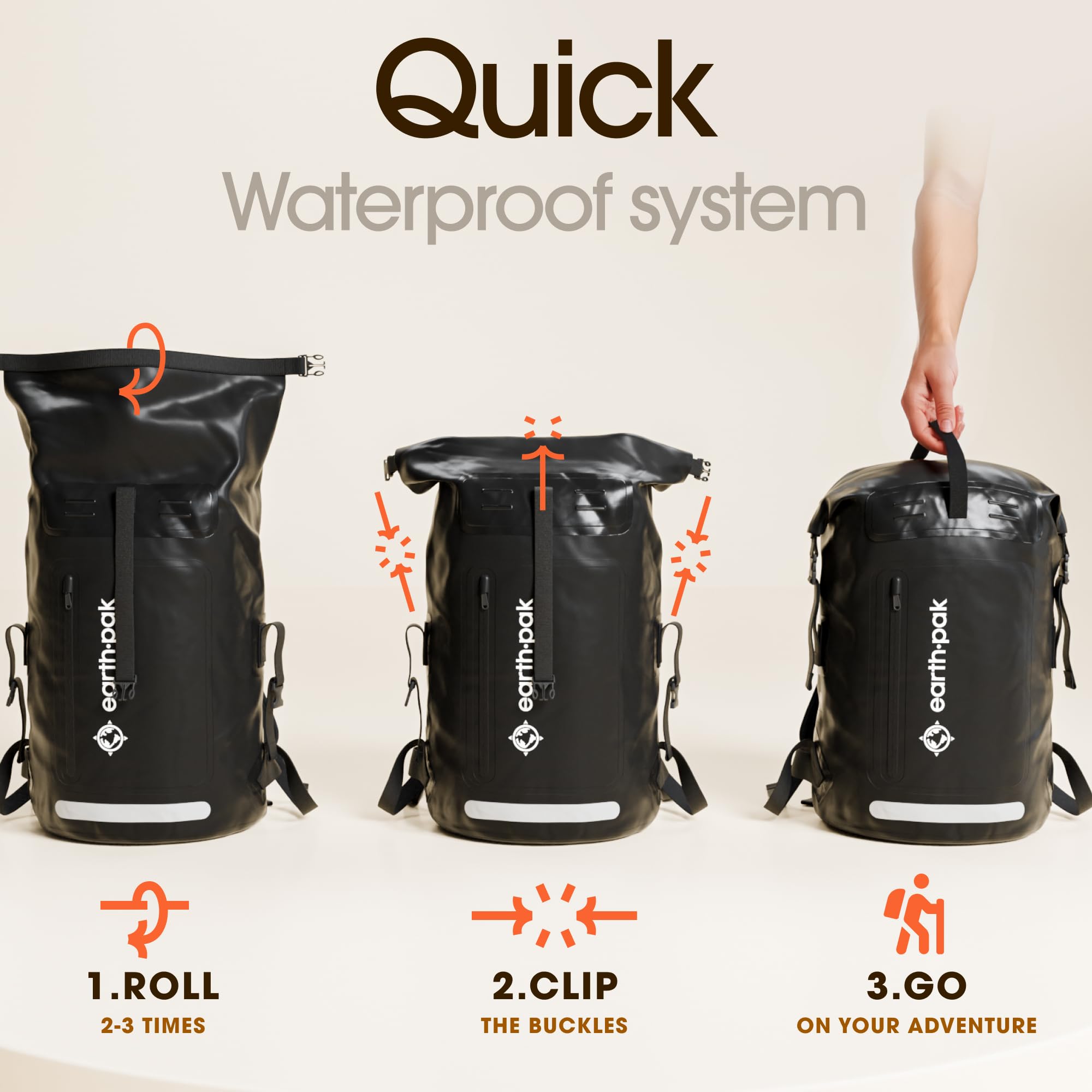 Earth Pak Waterproof Backpack - Heavy Duty Hiking Backpack - Roll-Top Closure - Waterproof Bag - Cushioned Dry Bags Waterproof w/ IPX8 Waterproof Phone Case - Wet Bag for Hiking, Kayak(Black, 35L)