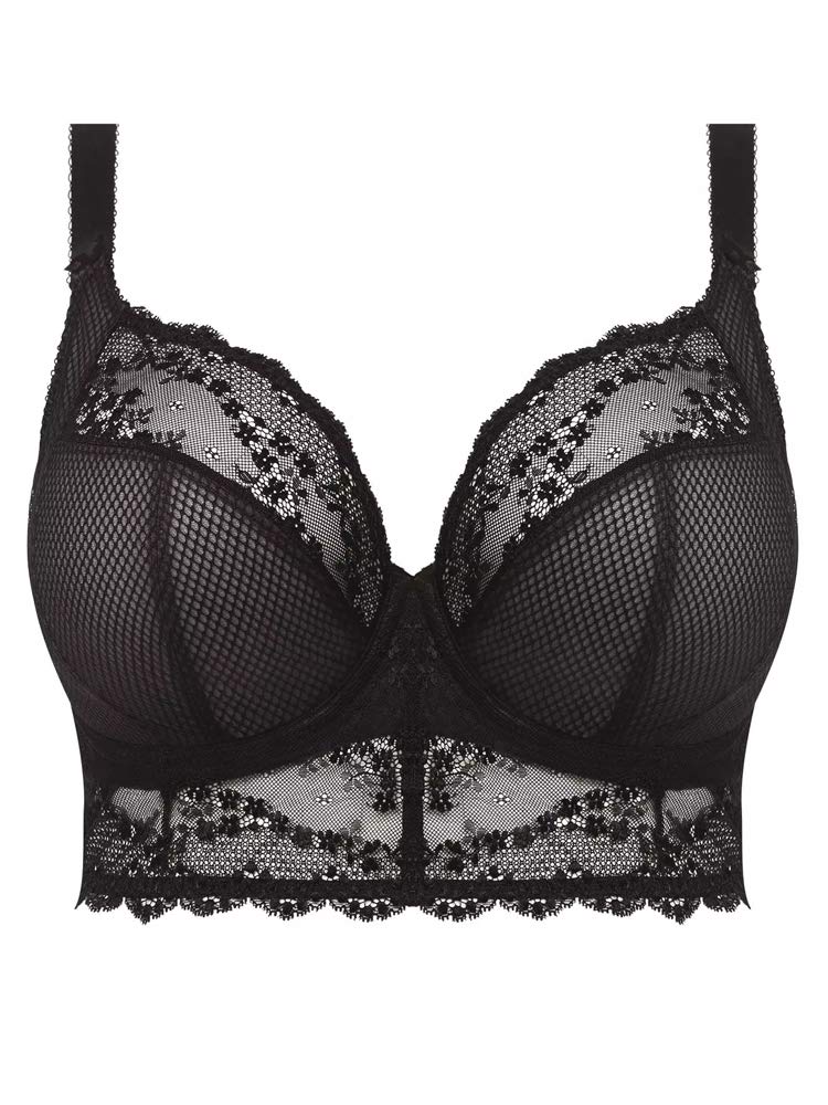 Elomi Women's Charley Bralette: Fashion-Forward Longline Style with Plunge Neckline. Three-Piece Cups, Stretch Lace, Diamond Mesh Fabric. UK Sizes E-HH, US Sizes DDD-L Black