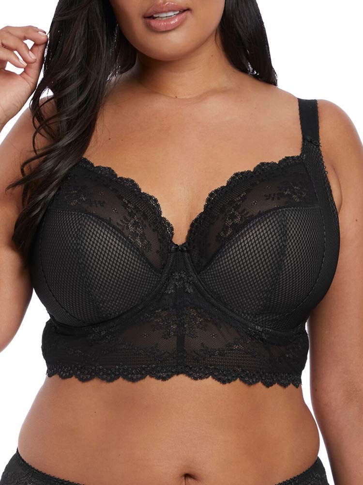 Elomi Women's Charley Bralette: Fashion-Forward Longline Style with Plunge Neckline. Three-Piece Cups, Stretch Lace, Diamond Mesh Fabric. UK Sizes E-HH, US Sizes DDD-L Black