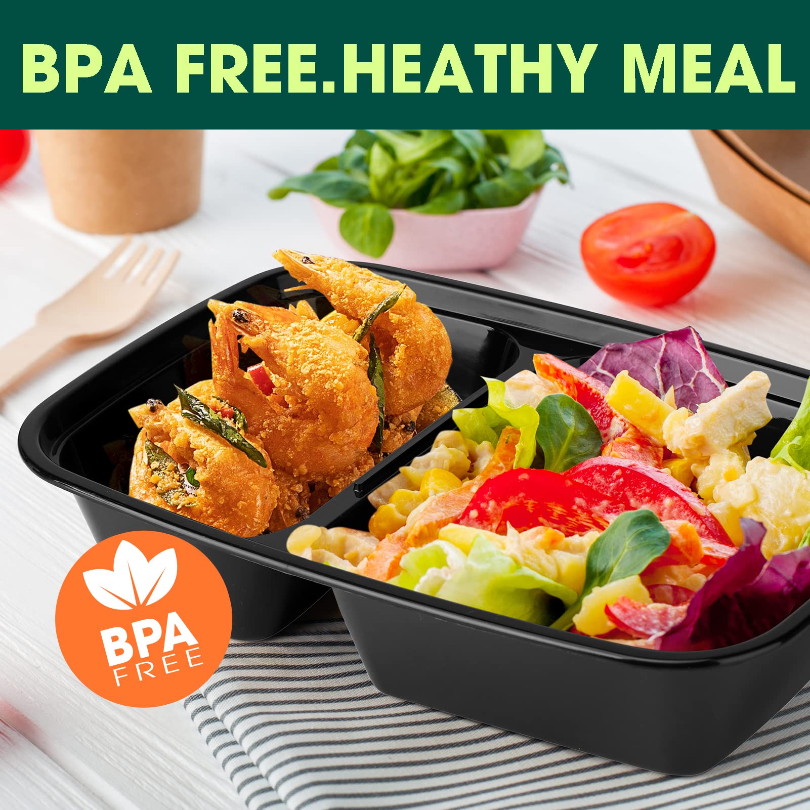 Glotoch 50 Pack 32 oz Meal Prep Container, 2 Compartment Food Containers with Lids To Go Containers, Black Plastic Containers for Lunch-Microwave, Freezer, Dishwasher Safe, Eco-Friendly