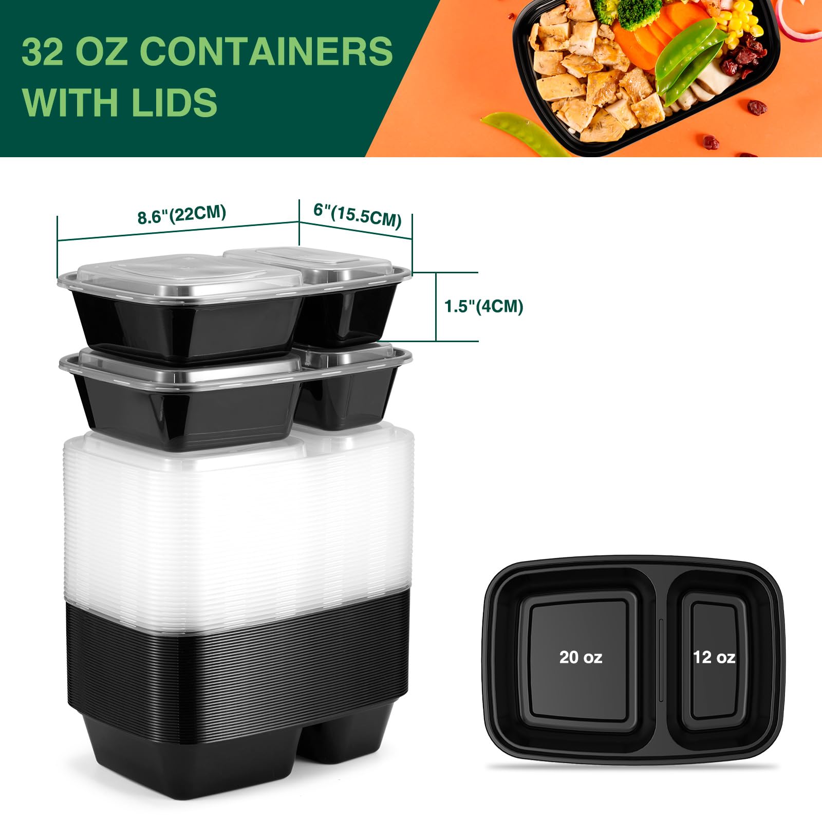 Glotoch 50 Pack 32 oz Meal Prep Container, 2 Compartment Food Containers with Lids To Go Containers, Black Plastic Containers for Lunch-Microwave, Freezer, Dishwasher Safe, Eco-Friendly