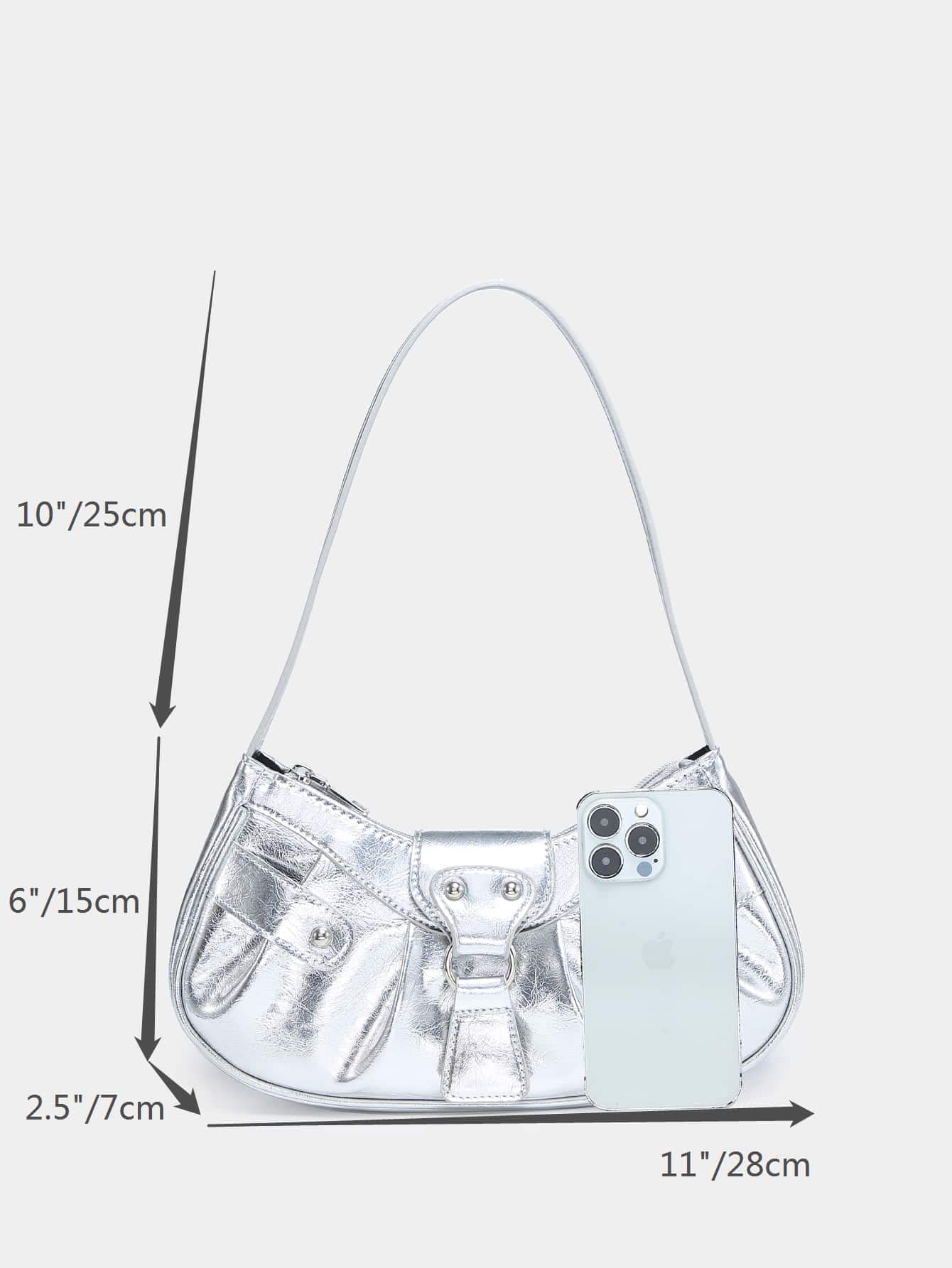 Verdusa Women's Pleated Hobo Shoulder Bag Metallic PU Leather Clutch Handbag Silver one-size