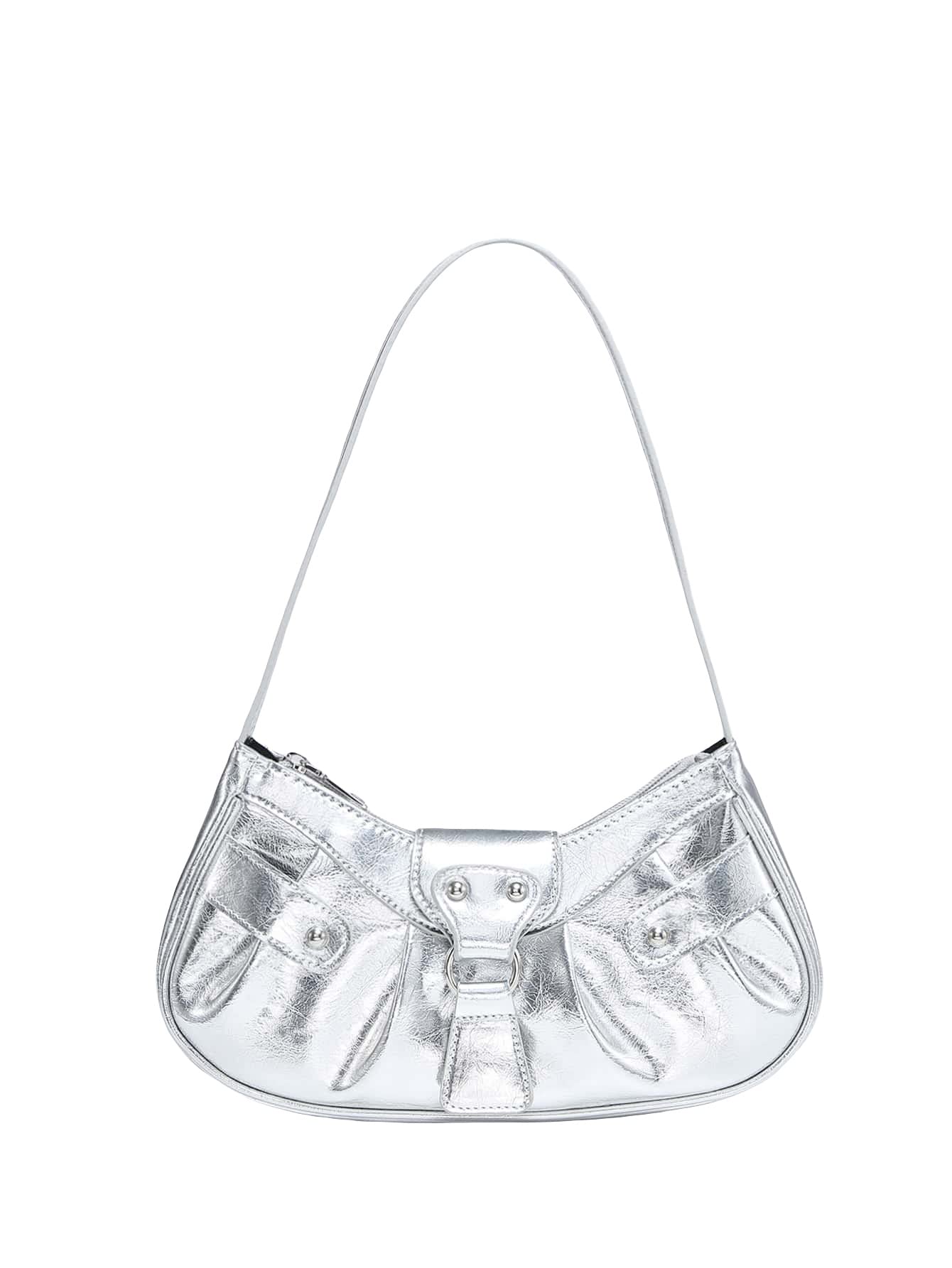 Verdusa Women's Pleated Hobo Shoulder Bag Metallic PU Leather Clutch Handbag Silver one-size