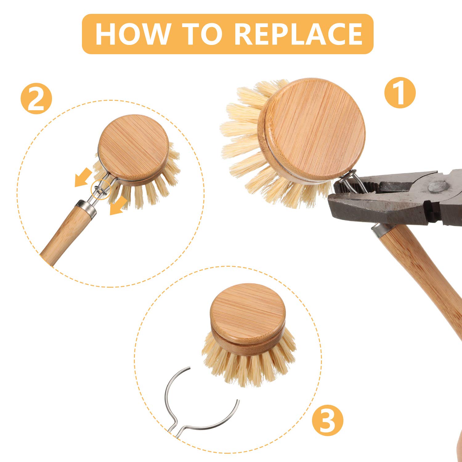 Patelai 8 Pieces Wooden Kitchen Dish Brush Include Bamboo Scrub Cleaning Brush and Replacement Heads Dish Scrubber for Kitchen Room Cleaning Supplies