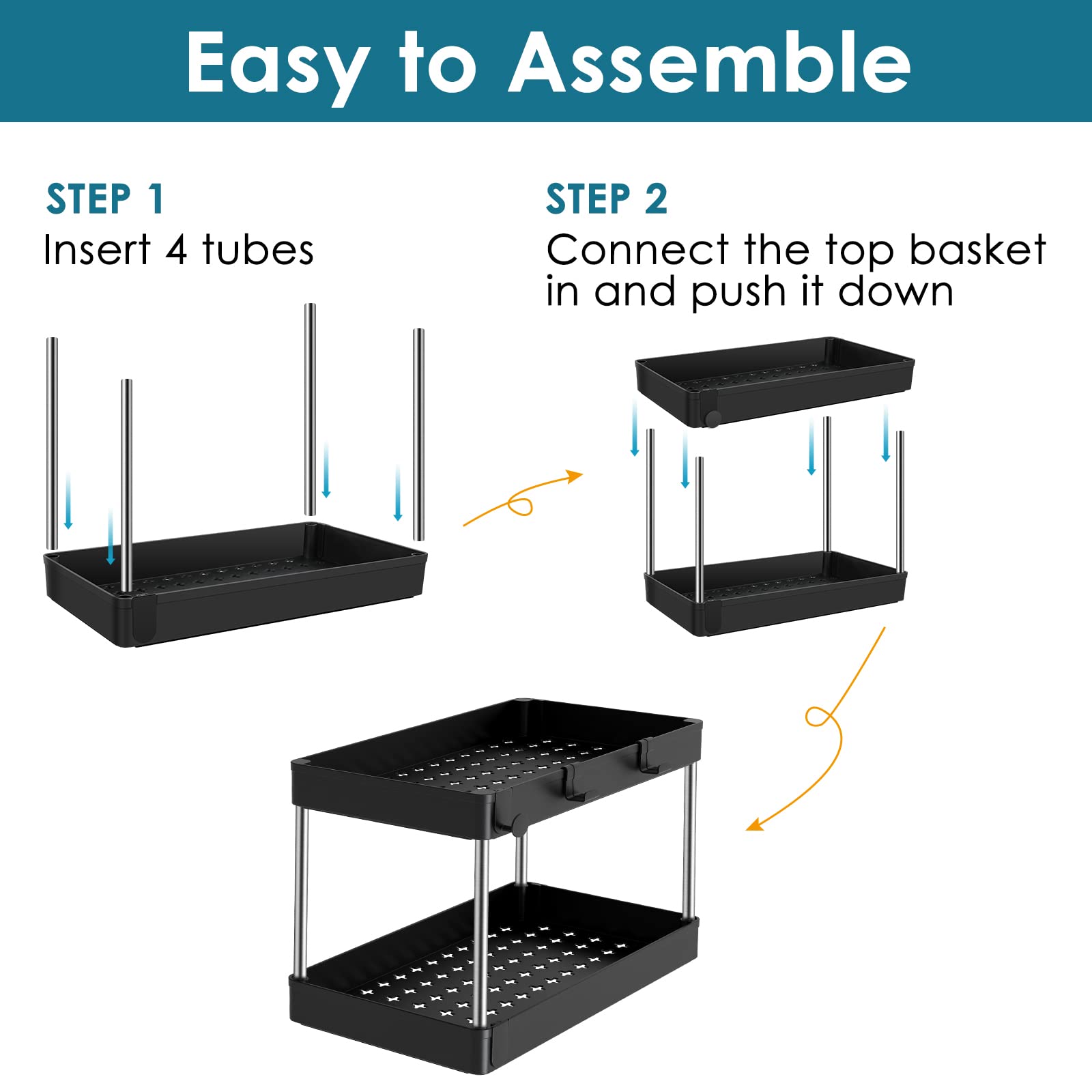 2 Pack Under Sink Organizer,2 Tier Under Sink Organizers and Storage,Under Cabinet Organizer with Hooks,Multi-Purpose Standing Rack Organizer for Bathroom Kitchen