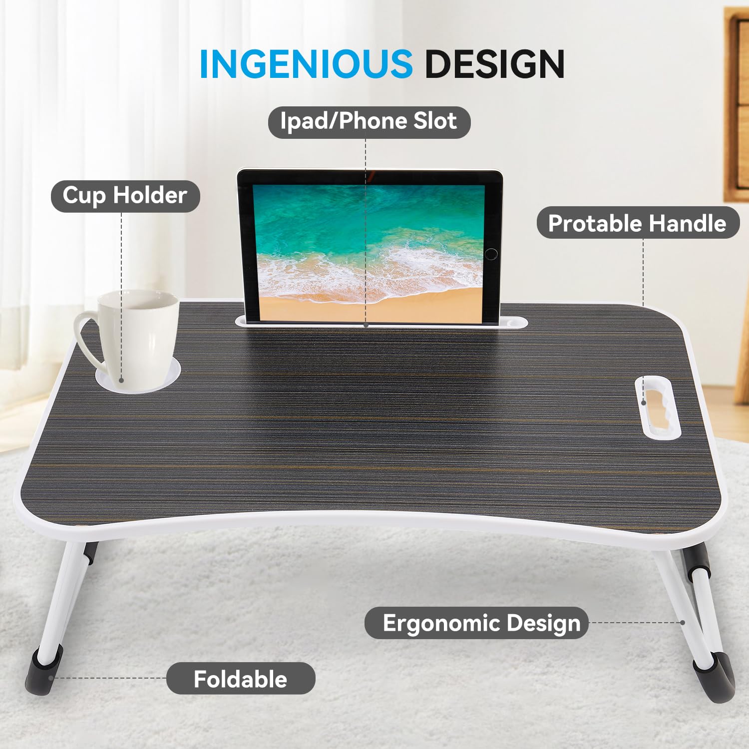 BUYIFY Folding Lap Desk, 23.6 Inch Portable Wood Black Laptop Bed Desk Lap Desk with Cup Holder, for Working Reading Writing, Eating, Watching Movies for Bed Sofa Couch Floor