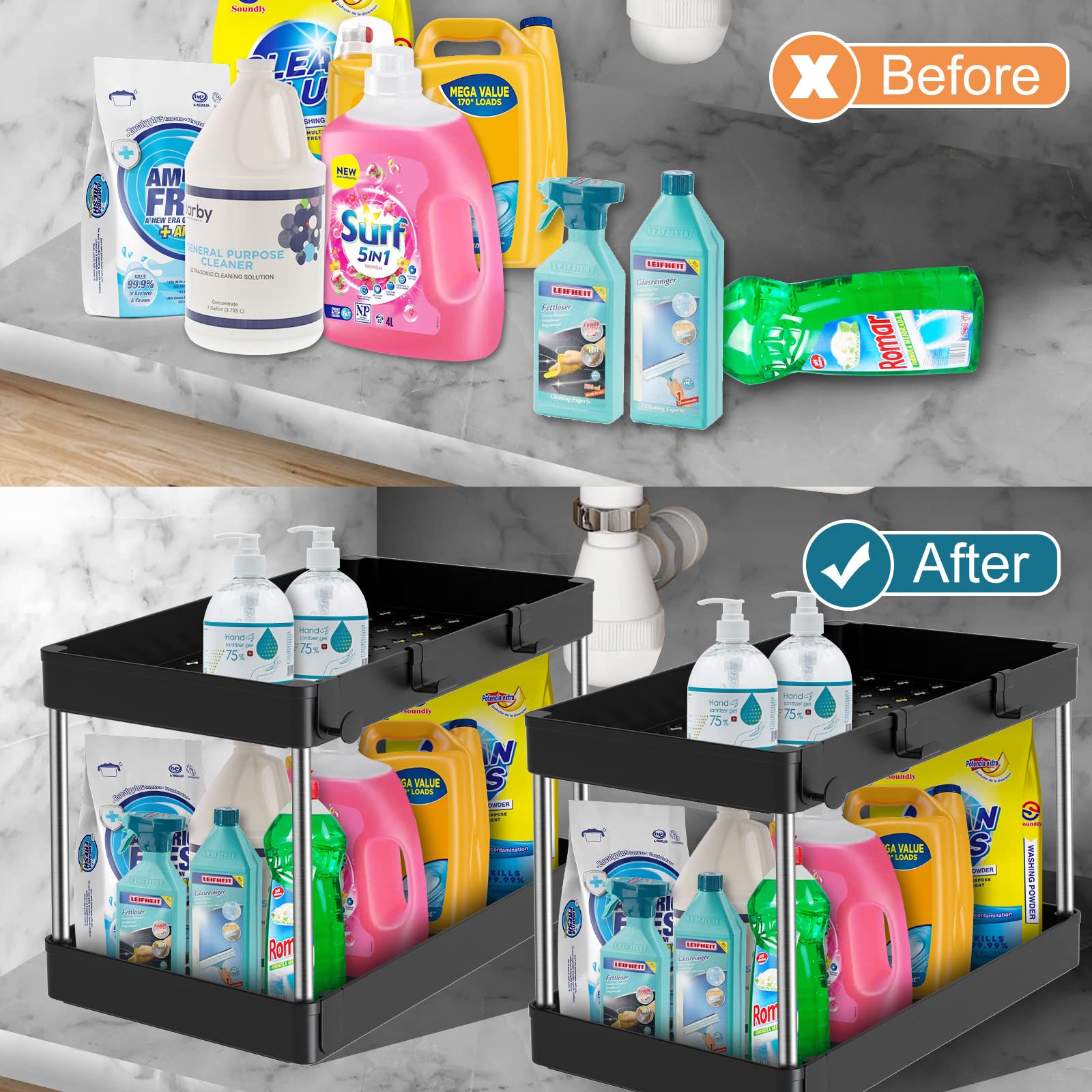 2 Pack Under Sink Organizer,2 Tier Under Sink Organizers and Storage,Under Cabinet Organizer with Hooks,Multi-Purpose Standing Rack Organizer for Bathroom Kitchen