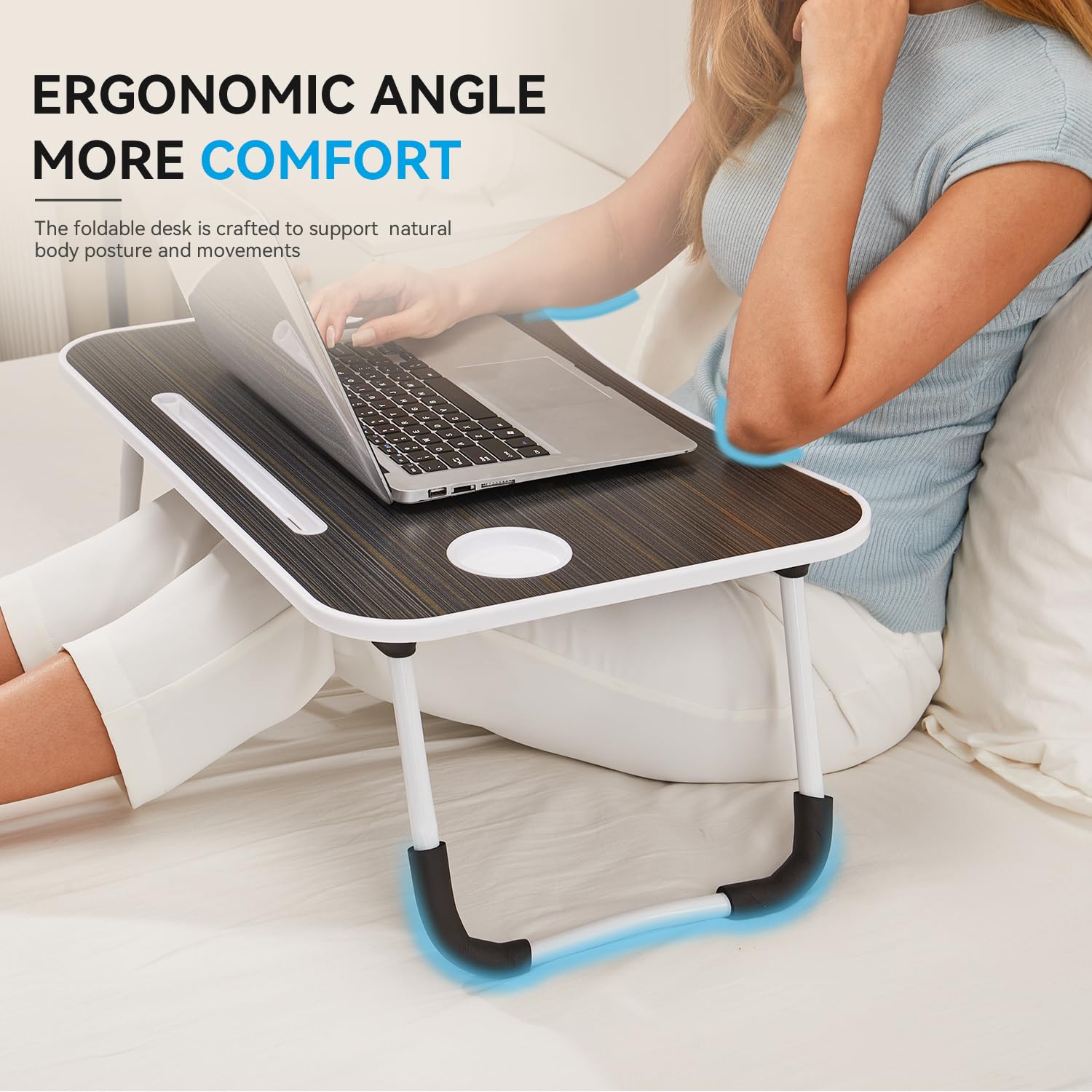 BUYIFY Folding Lap Desk, 23.6 Inch Portable Wood Black Laptop Bed Desk Lap Desk with Cup Holder, for Working Reading Writing, Eating, Watching Movies for Bed Sofa Couch Floor