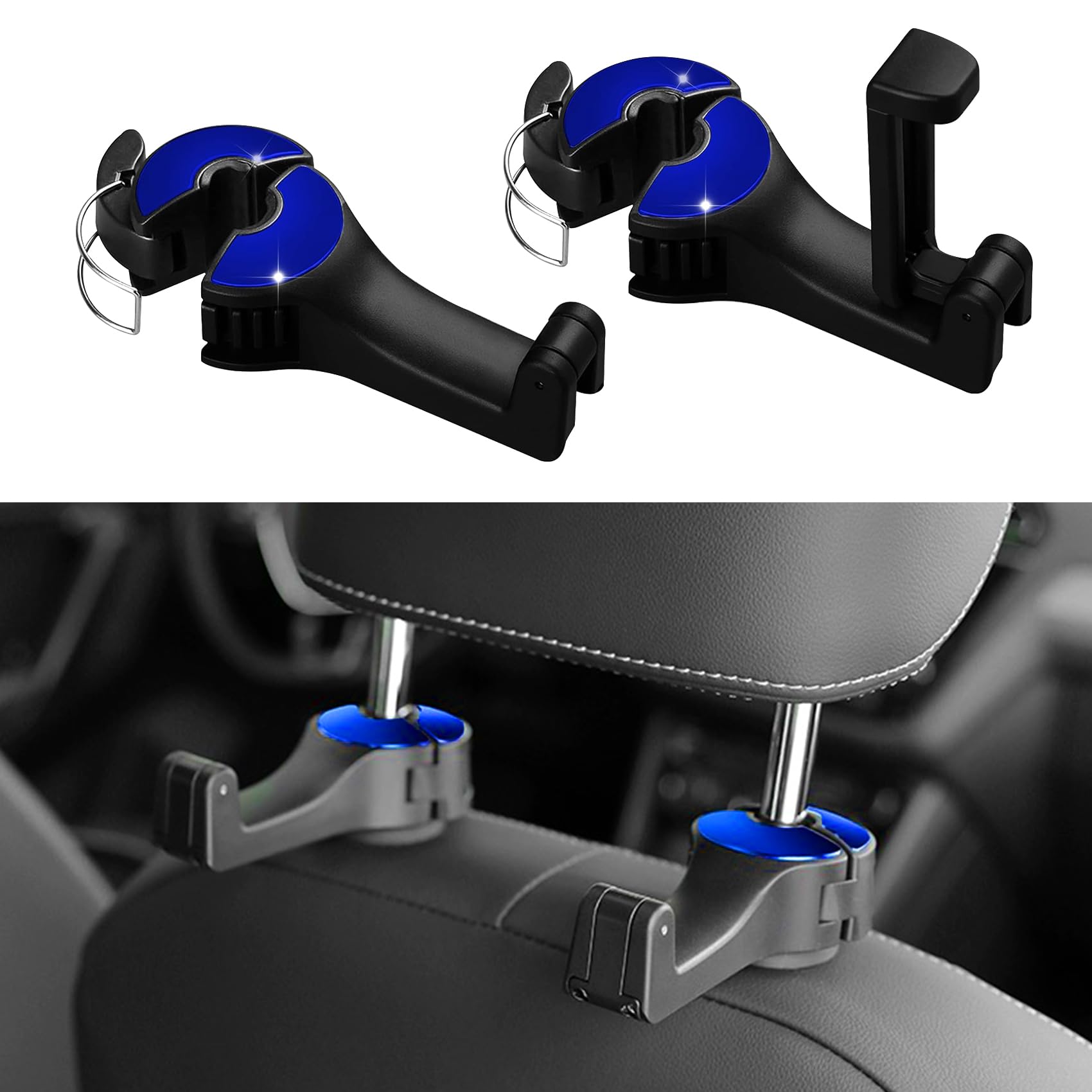 DWARFOO 2 Pack Car Headrest Hook with Phone Holder, 2 in 1 Car Vehicle Back Seat Headrest Mobile Phone Holder Hanger Holder Hook for Bag Purse Cloth Grocery (Blue)