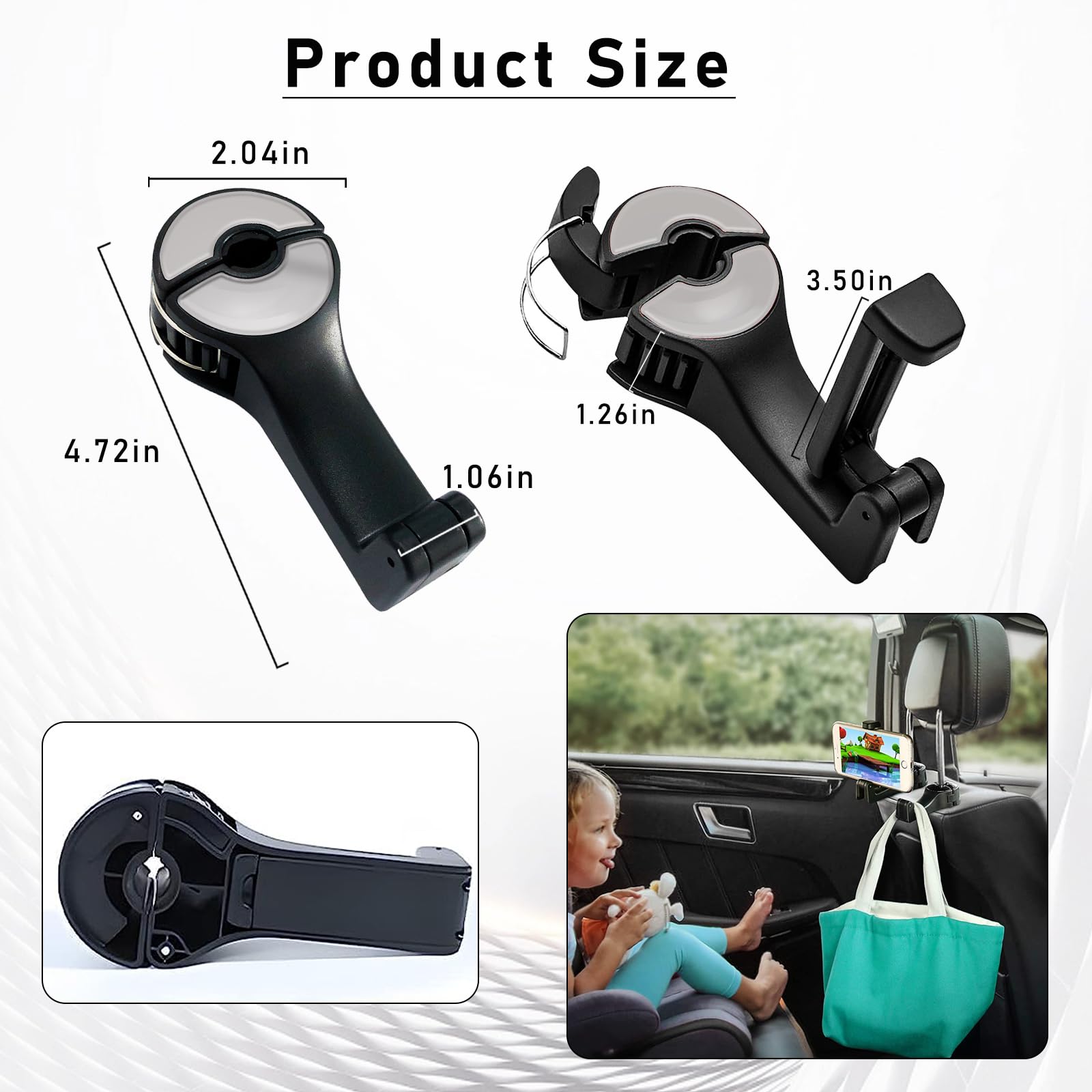 Kewucn Car Seat Headrest Hook with Phone Holder, 2 Pack 360° Rotation Auto Back Seat Hook for Purses and Bags, Universal Vehicle Seat Hook Hanger Storage Organizer for Cloth Toys (Silver)