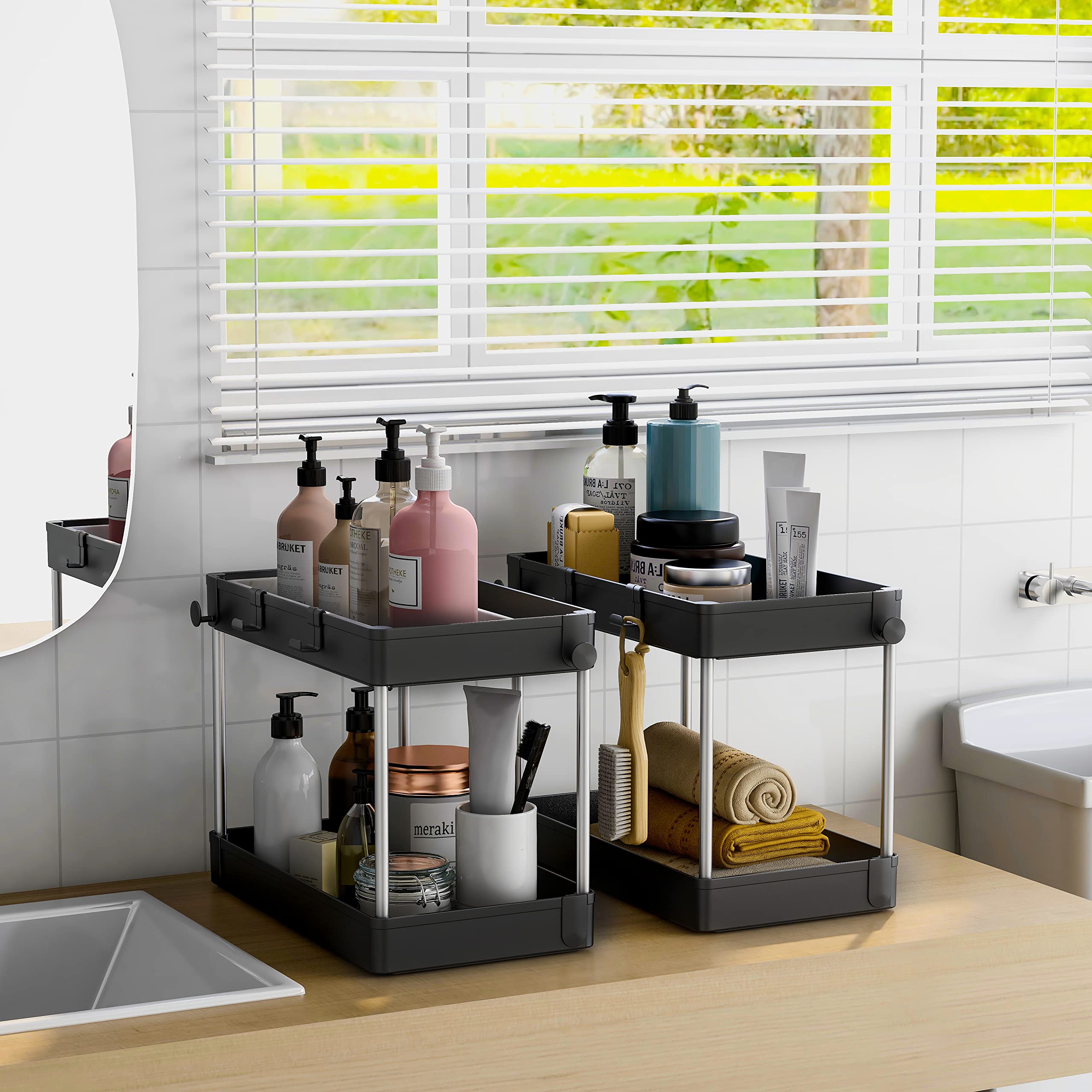 2 Pack Under Sink Organizer,2 Tier Under Sink Organizers and Storage,Under Cabinet Organizer with Hooks,Multi-Purpose Standing Rack Organizer for Bathroom Kitchen