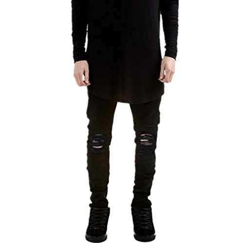 Qazel Vorrlon Men's Slim Fit Black Stretch Destroyed Ripped Skinny Denim Jeans,Size 28, Black