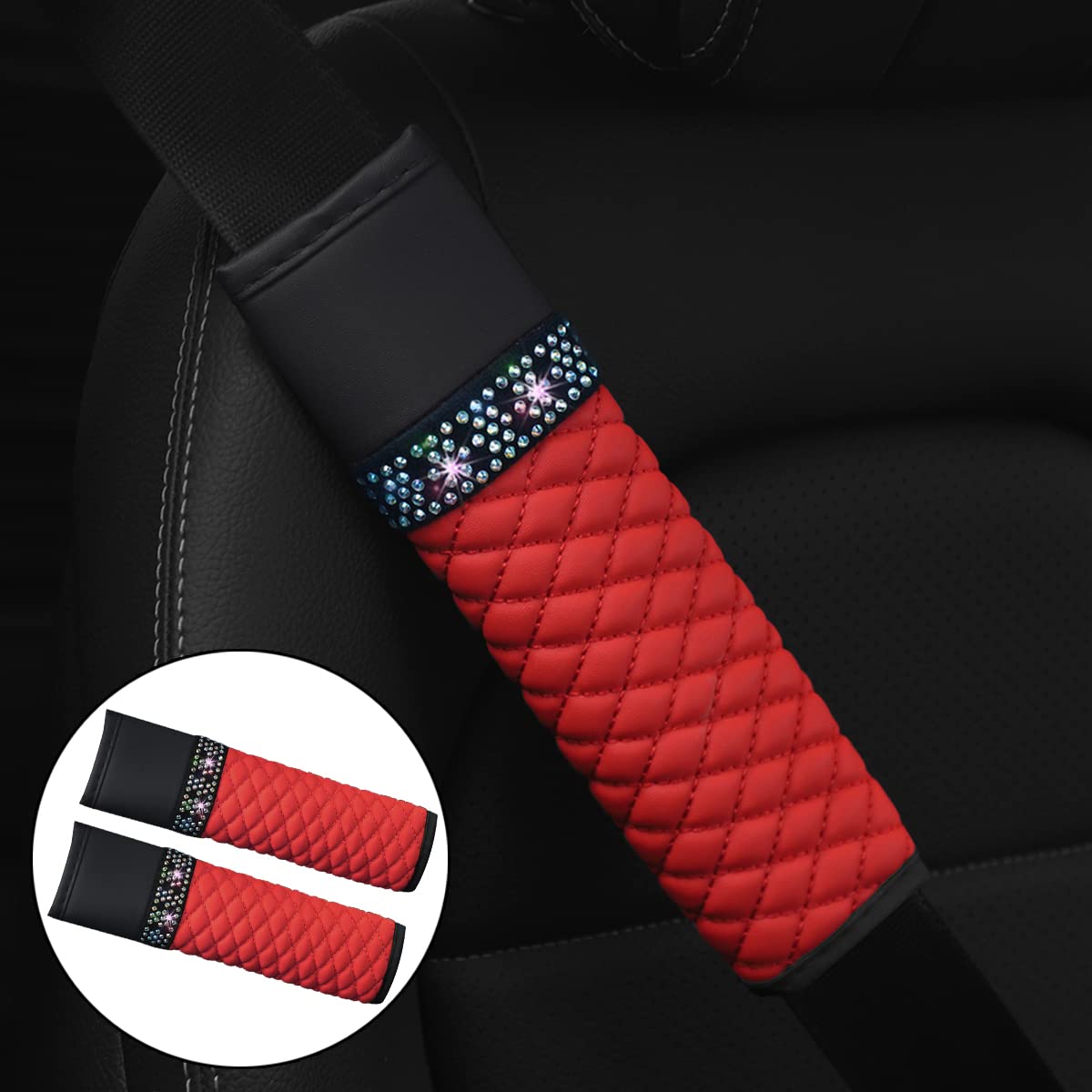 AICEL 2 Pcs Auto Seat Belt Cover, Sparkling Rhinestone Shoulder Strap for a More Comfortable Driving, Harness Pads Protect Your Neck, Accessories Compatible with All Cars and Backpack (Red)