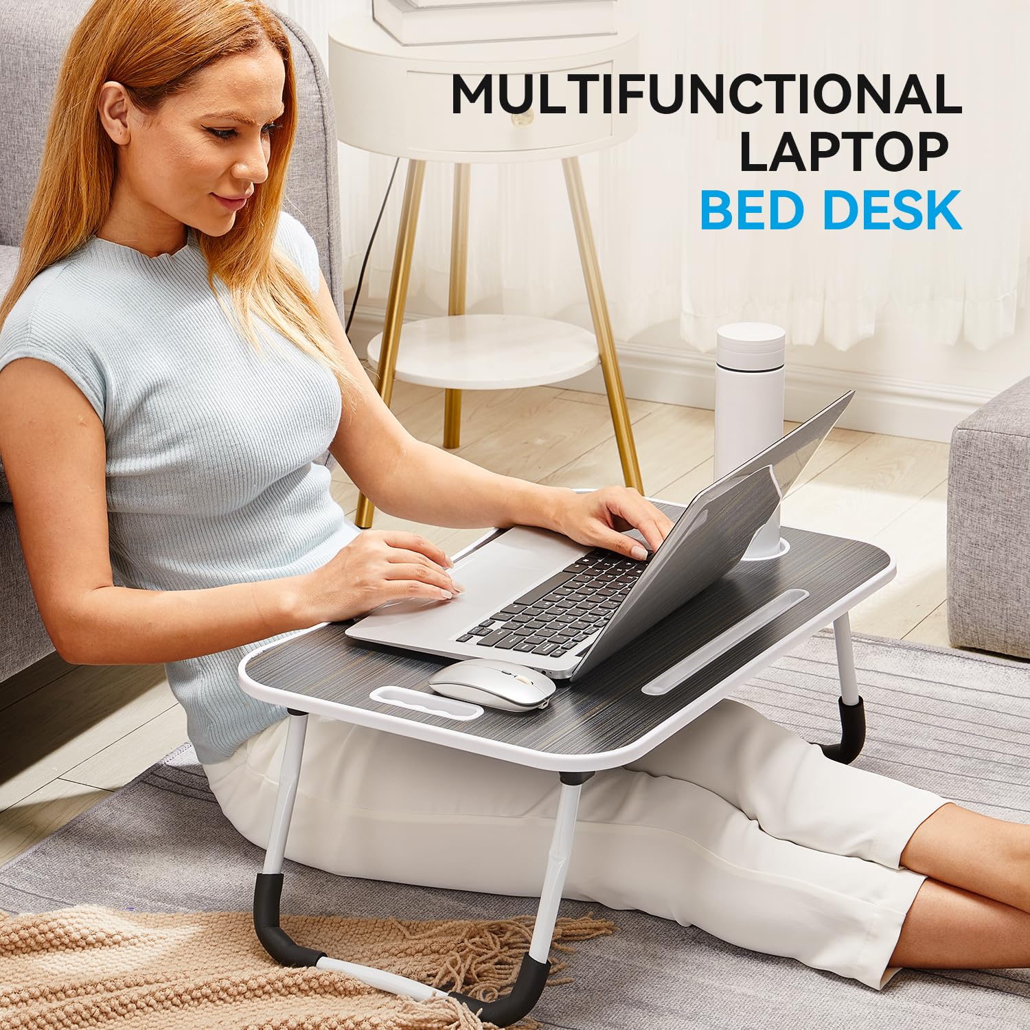 BUYIFY Folding Lap Desk, 23.6 Inch Portable Wood Black Laptop Bed Desk Lap Desk with Cup Holder, for Working Reading Writing, Eating, Watching Movies for Bed Sofa Couch Floor