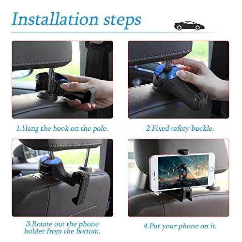2PCS Car Headrest Hidden Hook, 2 in 1 Multifunctional Car Seat Back Hanger Storage Hook with Phone Holder, Automotive 360° Rotation Headrest Purse Handbag Holder Universal for Toys Groceries (Silver)