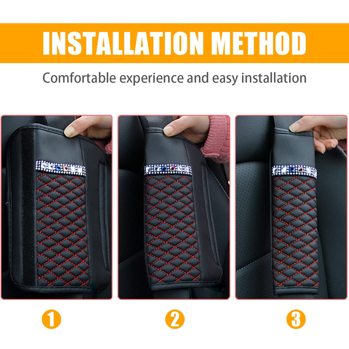 AICEL 2 Pcs Auto Seat Belt Cover, Sparkling Rhinestone Shoulder Strap for a More Comfortable Driving, Harness Pads Protect Your Neck, Accessories Compatible with All Cars and Backpack (Red)