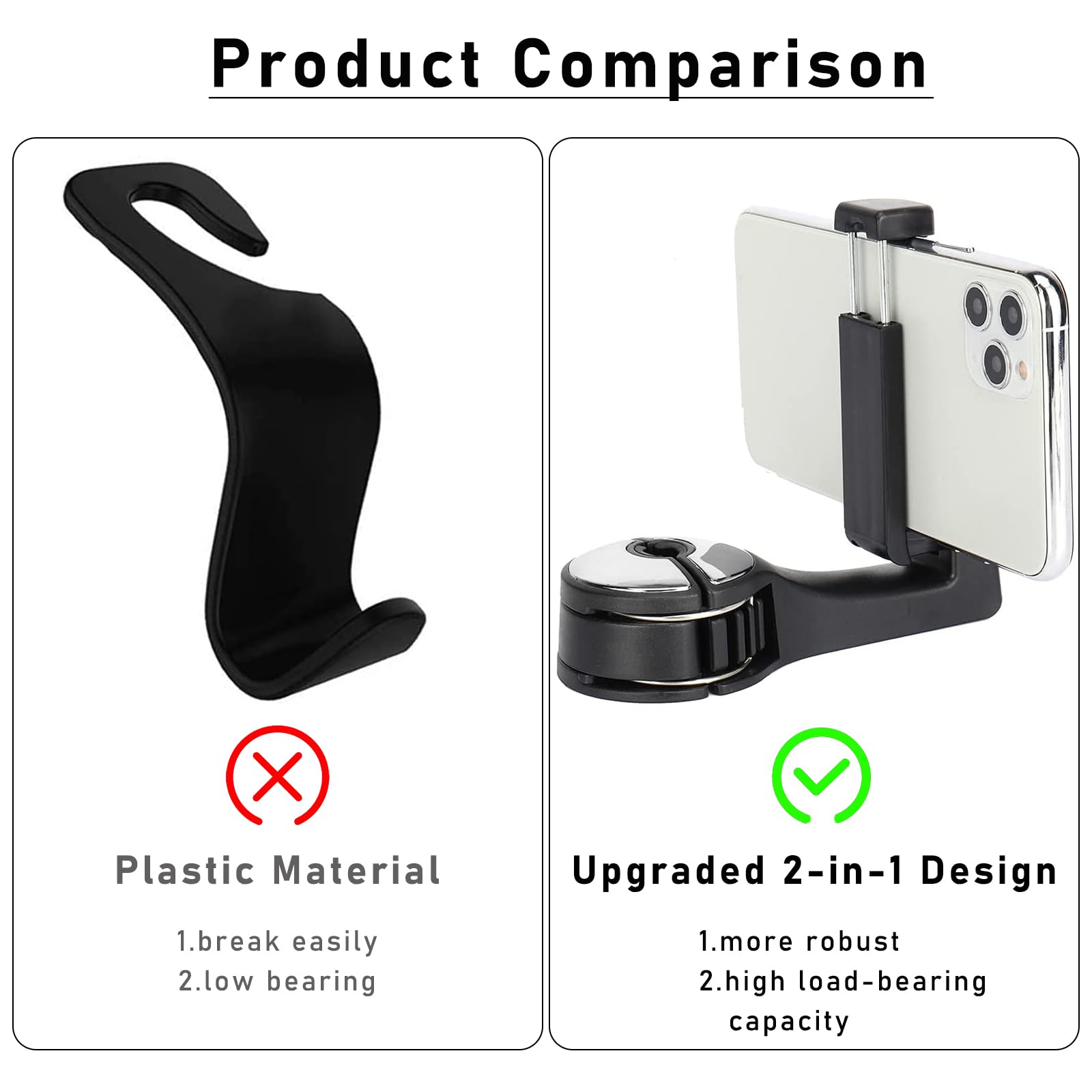 Kewucn Car Seat Headrest Hook with Phone Holder, 2 Pack 360° Rotation Auto Back Seat Hook for Purses and Bags, Universal Vehicle Seat Hook Hanger Storage Organizer for Cloth Toys (Silver)