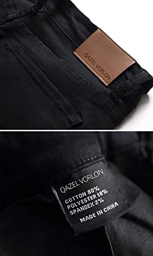 Qazel Vorrlon Men's Slim Fit Black Stretch Destroyed Ripped Skinny Denim Jeans,Size 28, Black