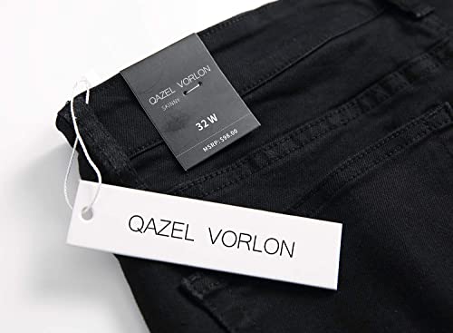 Qazel Vorrlon Men's Slim Fit Black Stretch Destroyed Ripped Skinny Denim Jeans,Size 28, Black