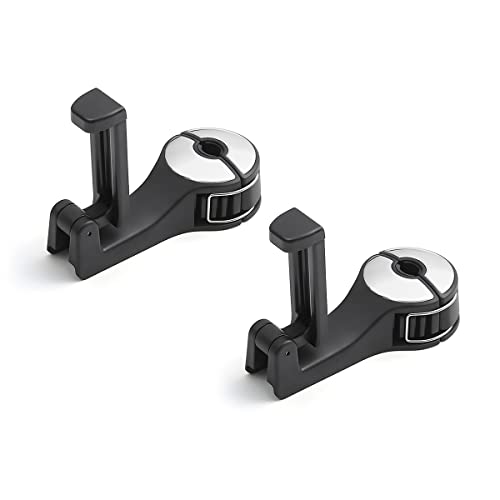 2PCS Car Headrest Hidden Hook, 2 in 1 Multifunctional Car Seat Back Hanger Storage Hook with Phone Holder, Automotive 360° Rotation Headrest Purse Handbag Holder Universal for Toys Groceries (Silver)
