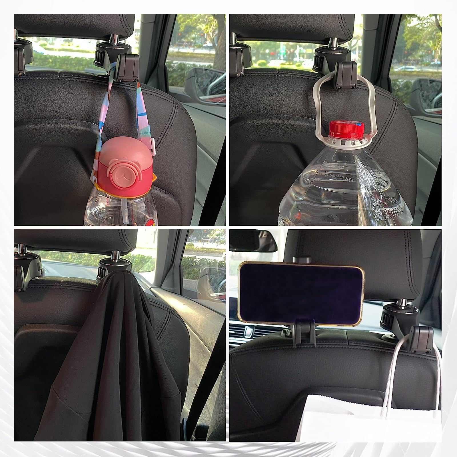 Kewucn Car Seat Headrest Hook with Phone Holder, 2 Pack 360° Rotation Auto Back Seat Hook for Purses and Bags, Universal Vehicle Seat Hook Hanger Storage Organizer for Cloth Toys (Silver)