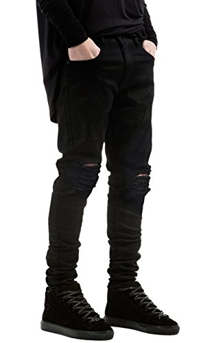 Qazel Vorrlon Men's Slim Fit Black Stretch Destroyed Ripped Skinny Denim Jeans,Size 28, Black