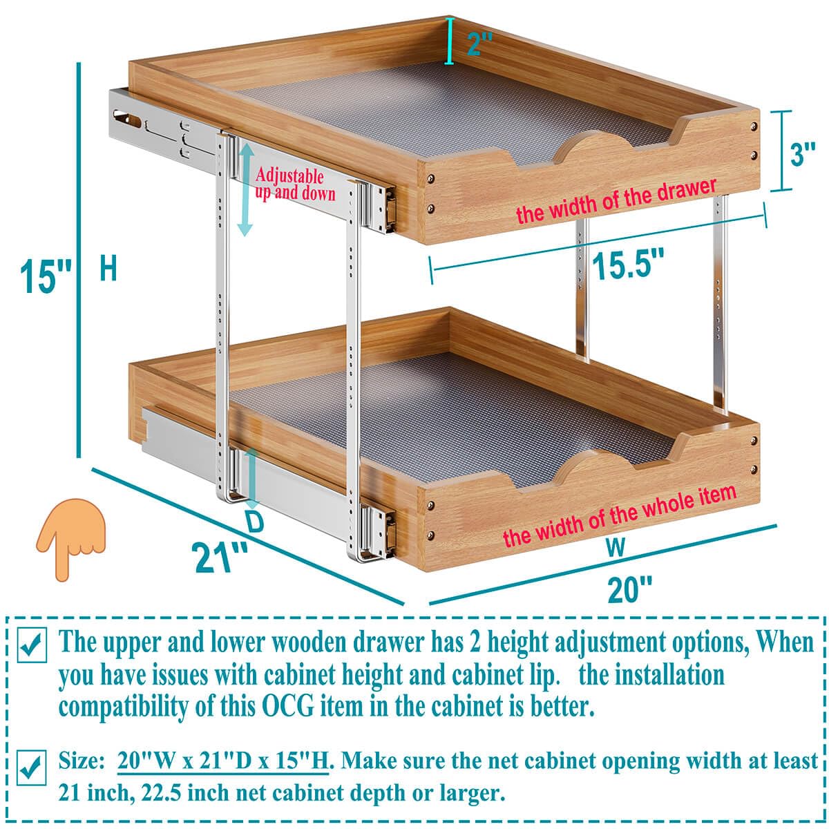 OCG 2 Tier Pull Out Cabinet Organizer (20" W x 21" D), Heavy-Duty Slide out Wood Drawer Shelf, Pull Out Drawer for Cabinets, Base Cabinet Organization for Kitchen, Pantry, Bathroom