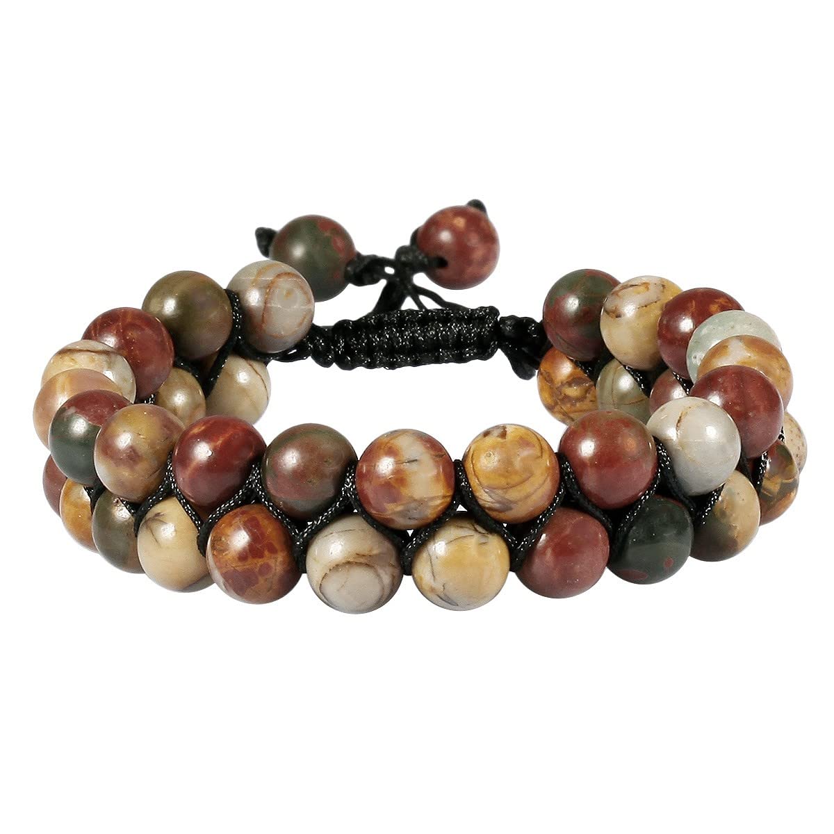SUNYIK 8mm Round Picasso Jasper Adjustable Bracelet for Unisex, Double Layers Beads Macrame Friendship Bracelets, 7"-10" Strand
