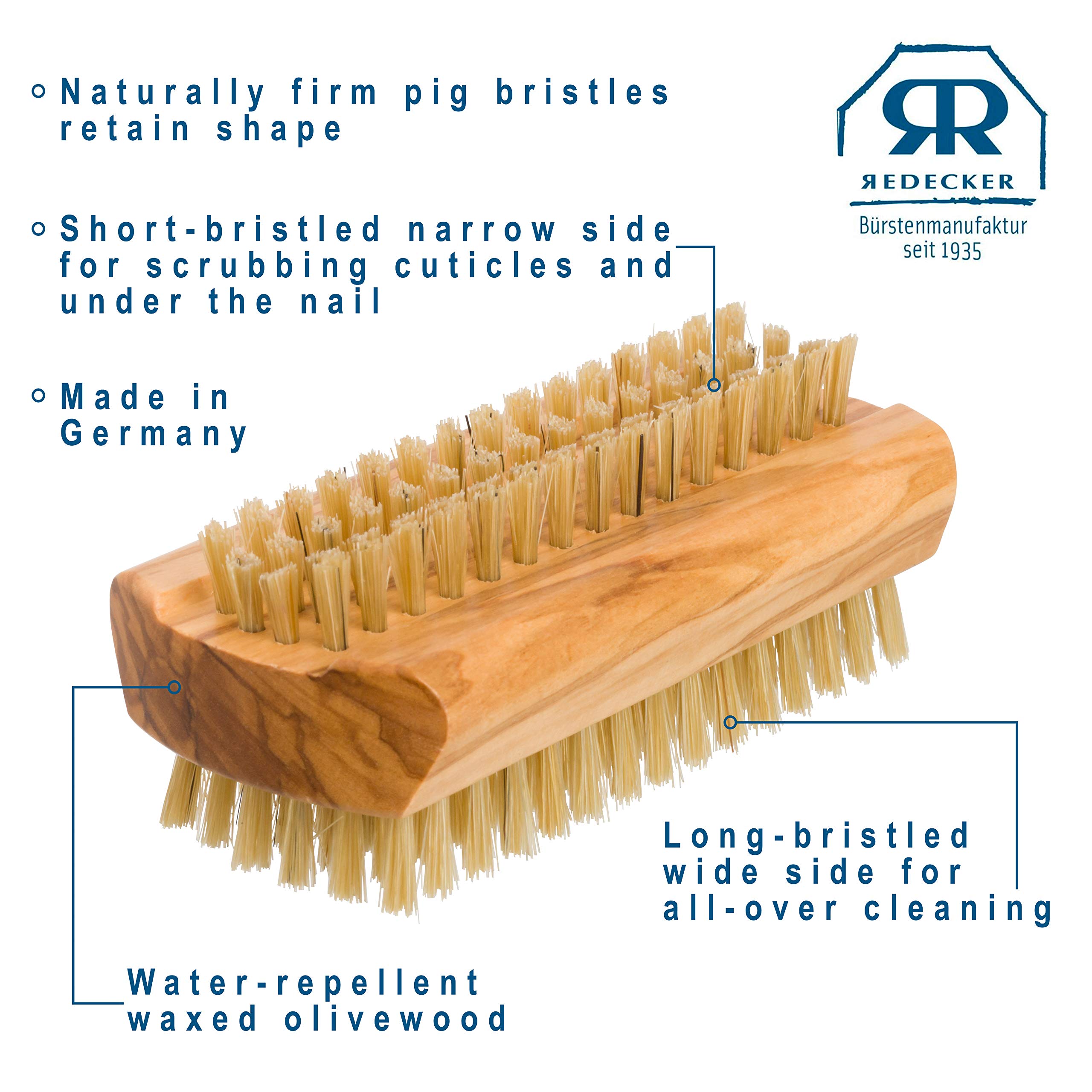 Redecker Natural Pig Bristle Nail Brush with Waxed Olive Wood Handle, 3-3/4-Inches