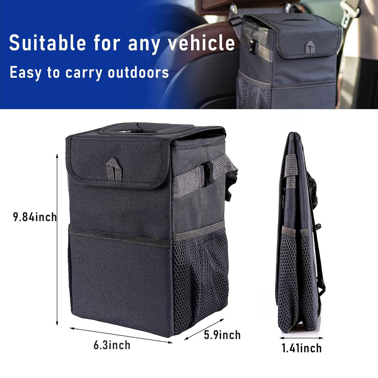 Kewucn Car Trash Can with Lid, Waterproof Mini Auto Garbage Can, Leak-Proof Vehicle Organizer and Storage Pockets, Hanging Collapsible Trash Bin, Universal Accessories for Most Cars (Gray)