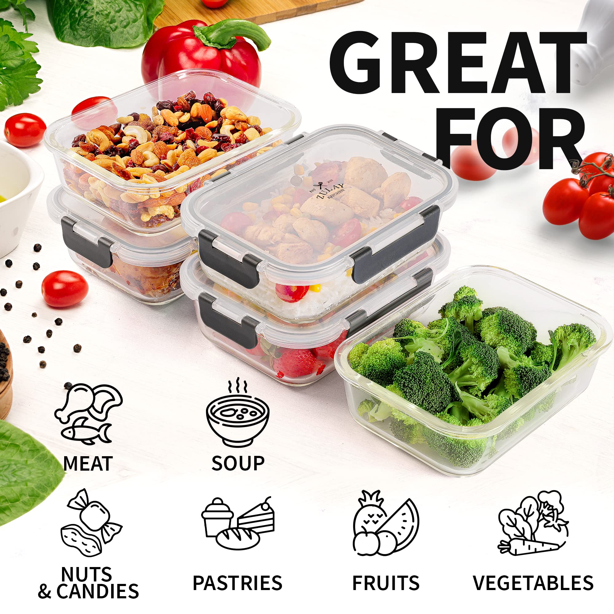 Zulay Kitchen 5 Pack Leak-Proof Glass Food Storage Containers - 36 oz Thick & Durable Glass Meal Prep Containers - Airtight Easy to Clean Glass Storage Containers With Lids
