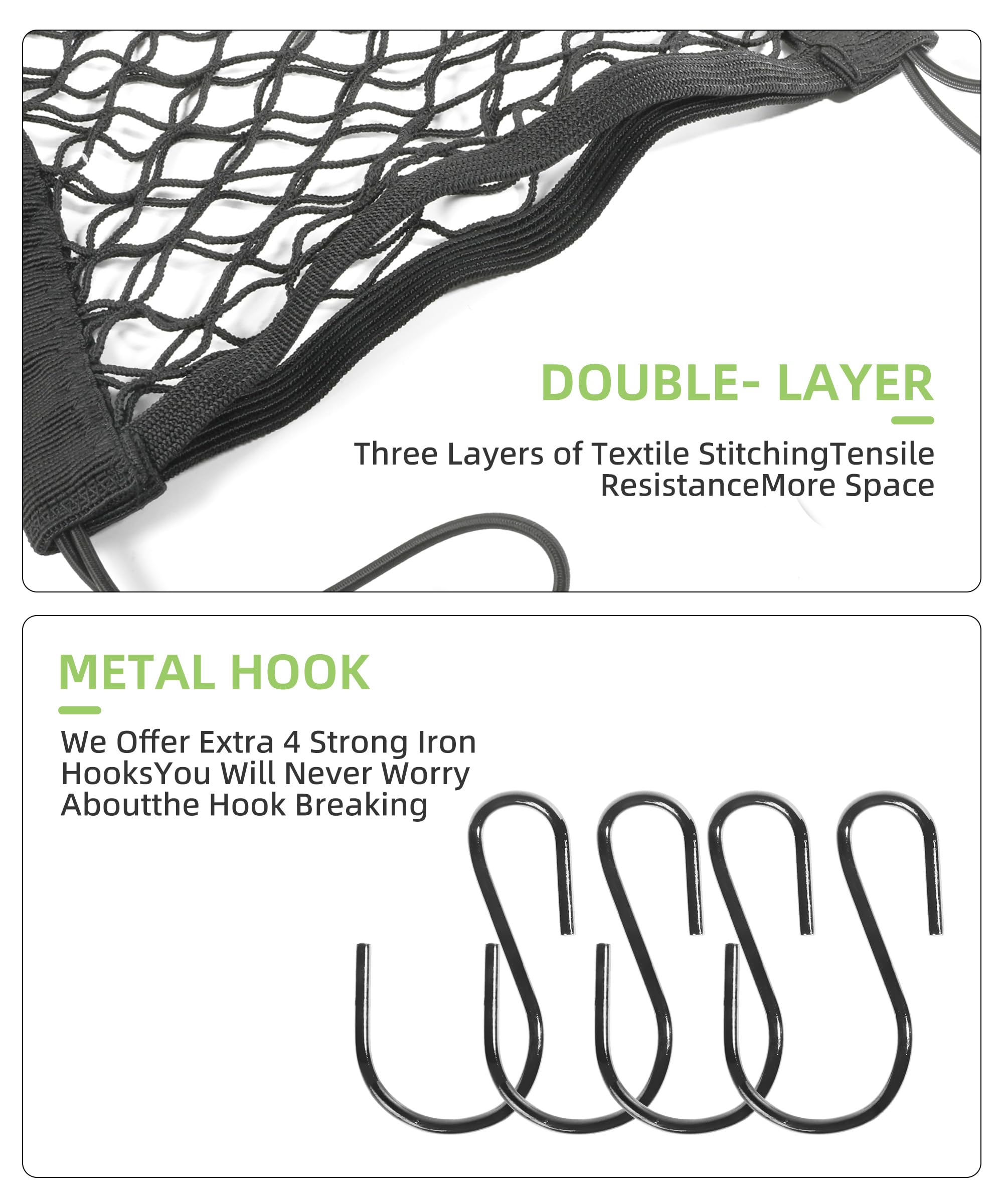RACOONA Motorcycle Cargo Net,Car Accessories Cargo Net for Motorcycle Helmet Storage,10"X11" Elastic Double Layer Bungee Net with 4 Metal Hook