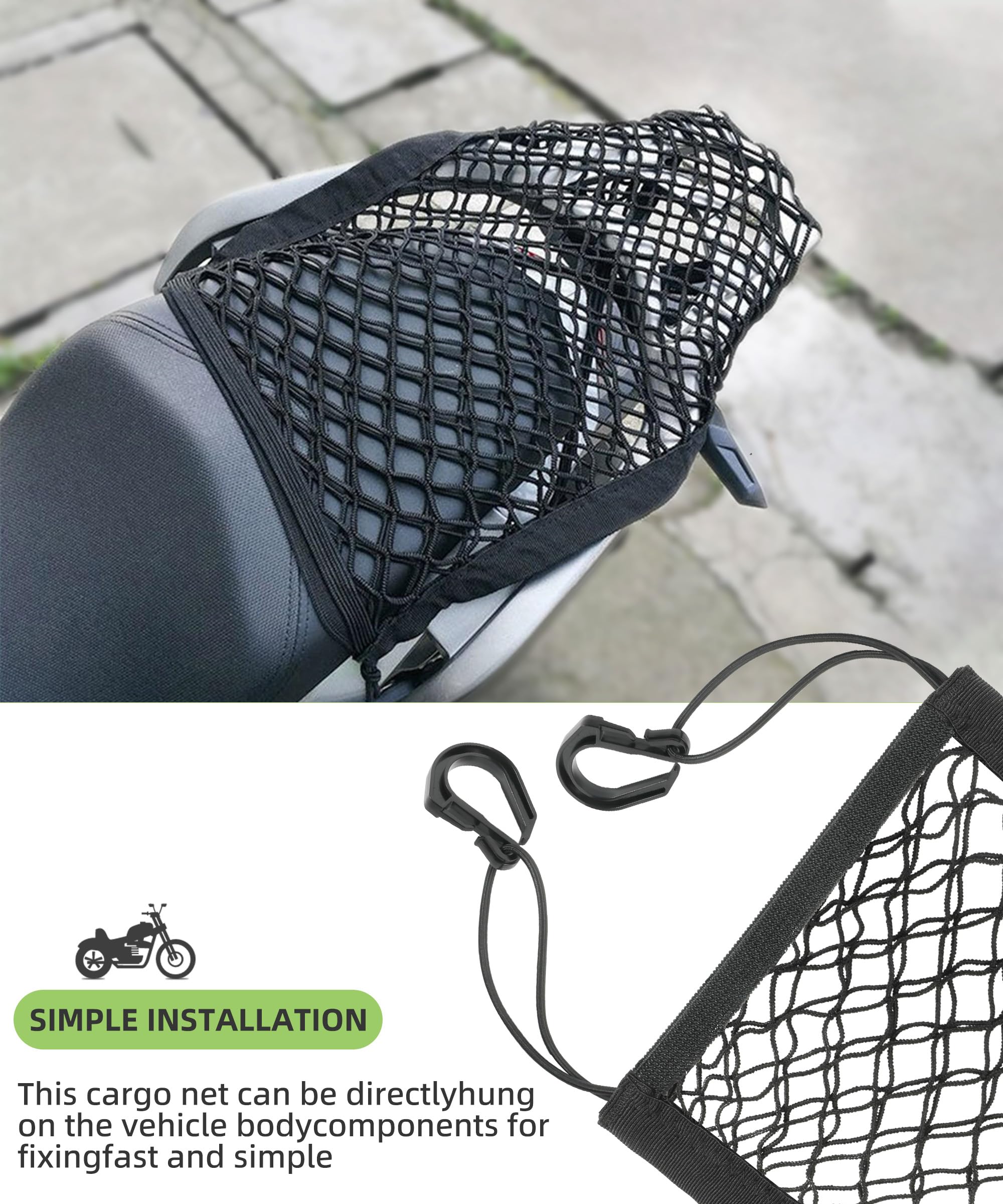 RACOONA Motorcycle Cargo Net,Car Accessories Cargo Net for Motorcycle Helmet Storage,10"X11" Elastic Double Layer Bungee Net with 4 Metal Hook