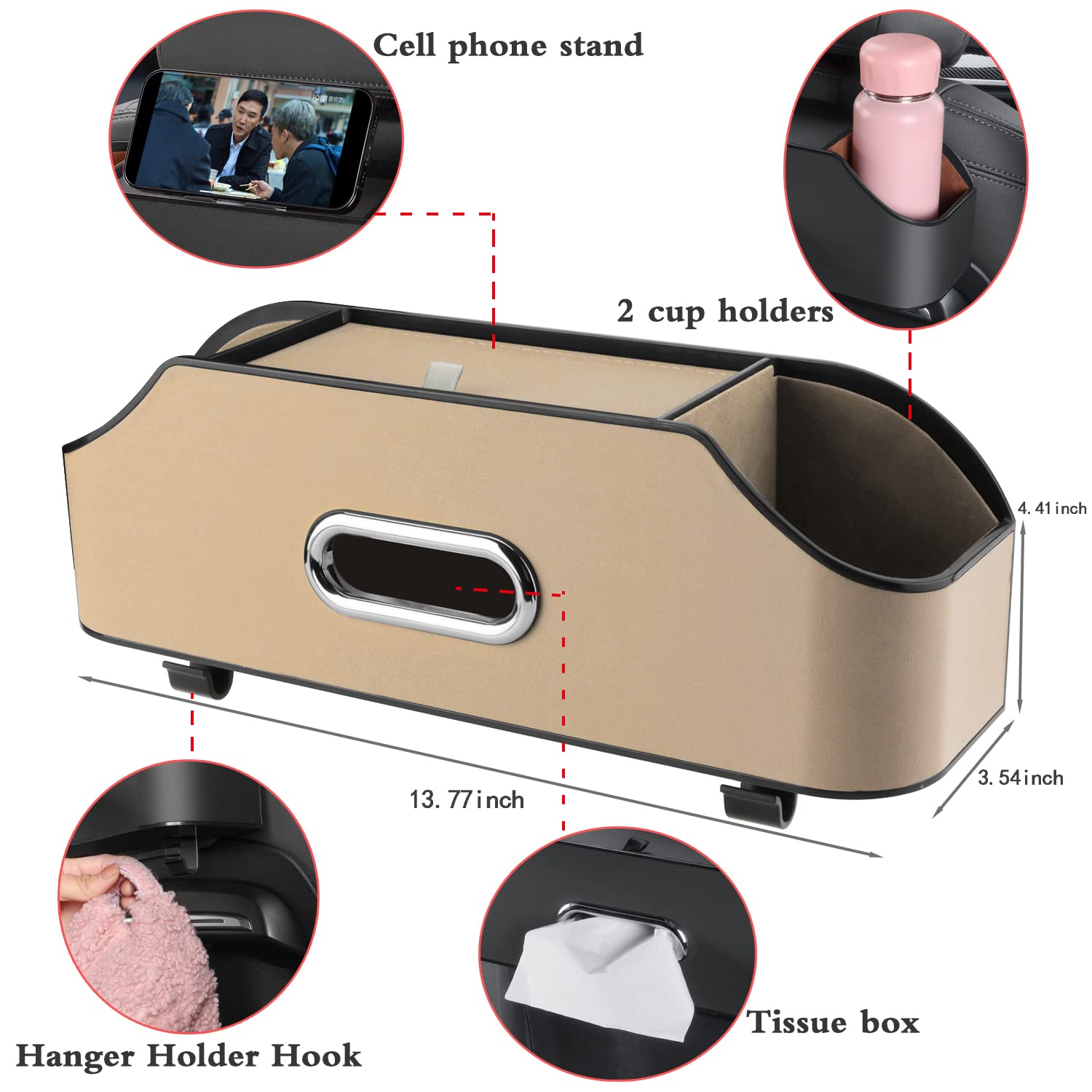 HOLDCY Car Back Seat Organizer with 2 Drink Cup Holder - Tissue Box and Storage Box Hook - Multi-functional Storage - Great for Kids and Travel (Beige)