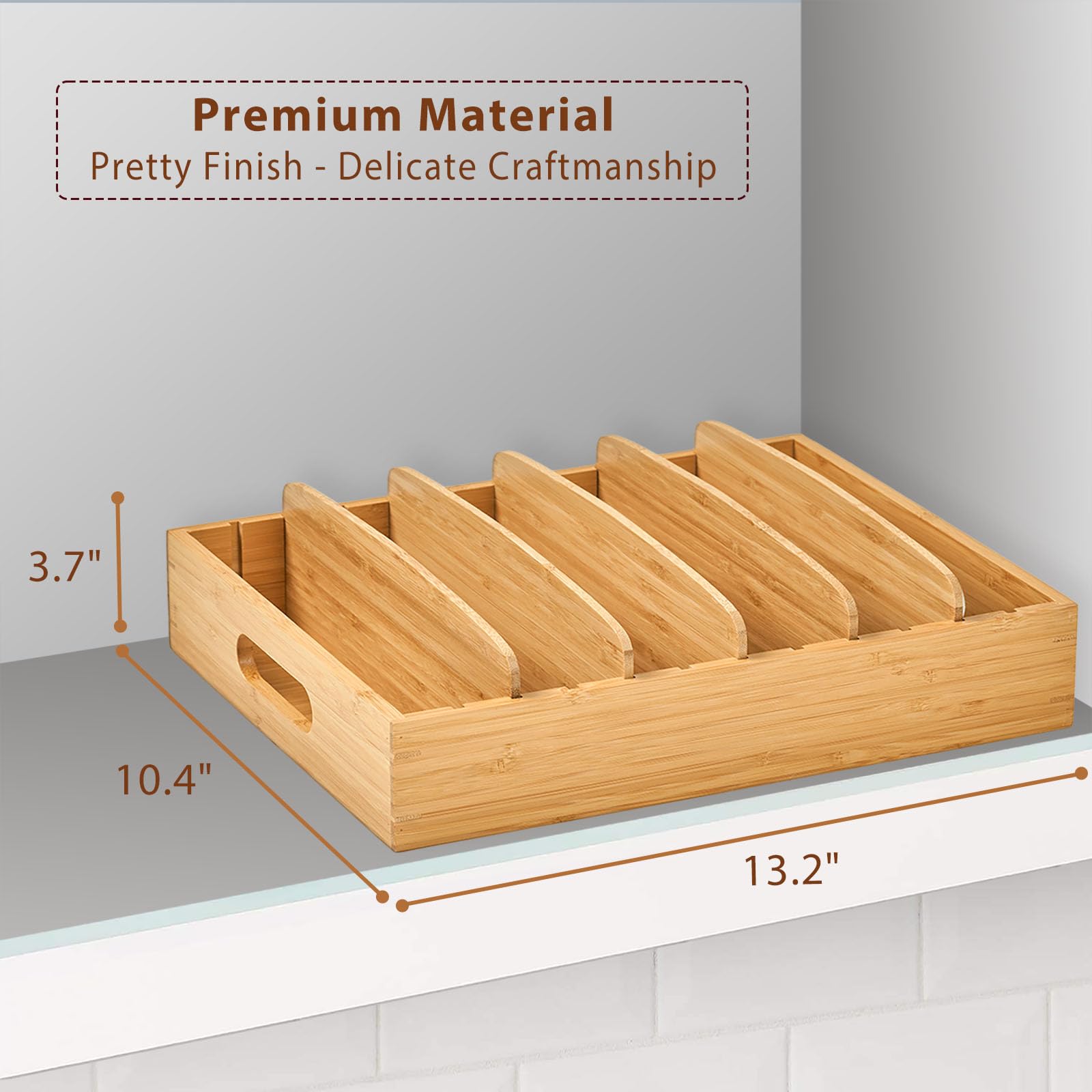 Umilife Kitchen Cabinet Organizer for Food Storage Container Lids, with Adjustable Dividers, Bamboo Drawer Caddy, Box for Kitchen Storage and Organization
