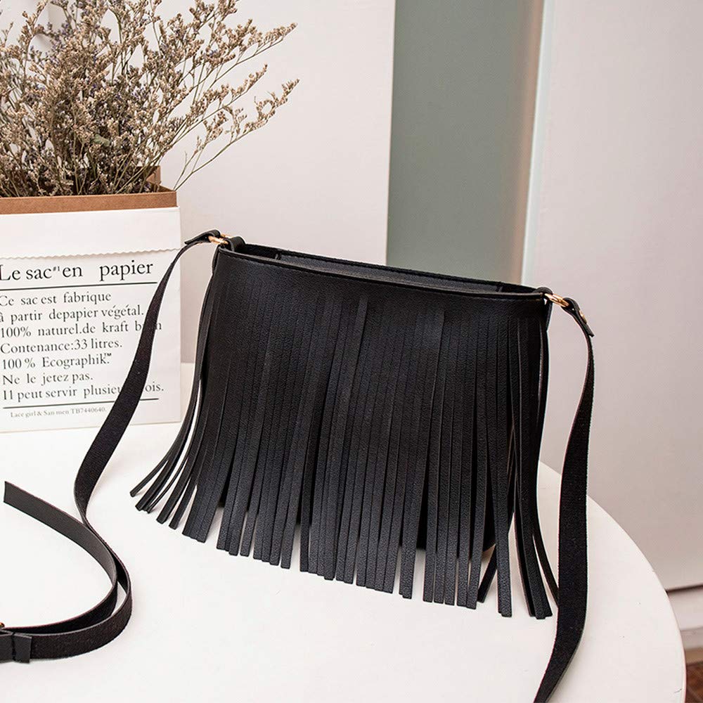 Moudozsdi Lightweight Tassel PU Leather Crossbody Bag with Purse for Women Shoulder Bag (Black)
