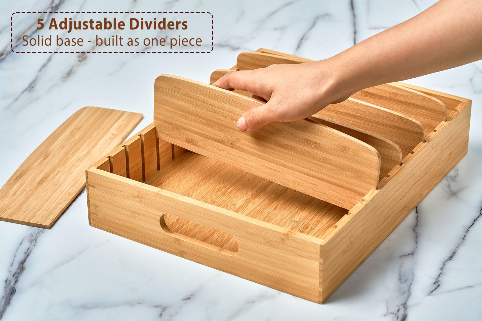 Umilife Kitchen Cabinet Organizer for Food Storage Container Lids, with Adjustable Dividers, Bamboo Drawer Caddy, Box for Kitchen Storage and Organization