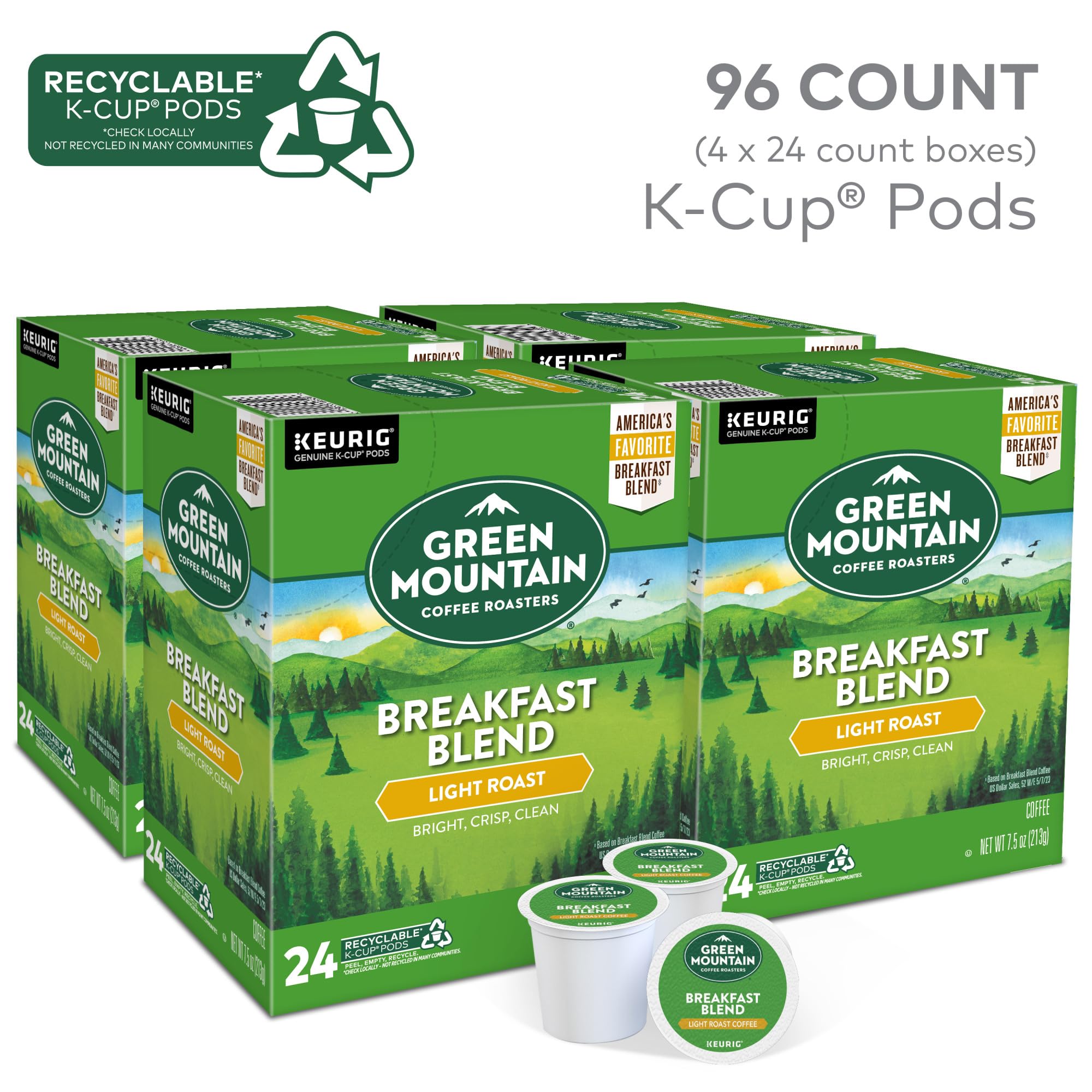 Green Mountain Coffee Roasters Breakfast Blend Single-Serve Keurig K-Cup Pods, Light Roast Coffee, 24 Count (Pack of 4)
