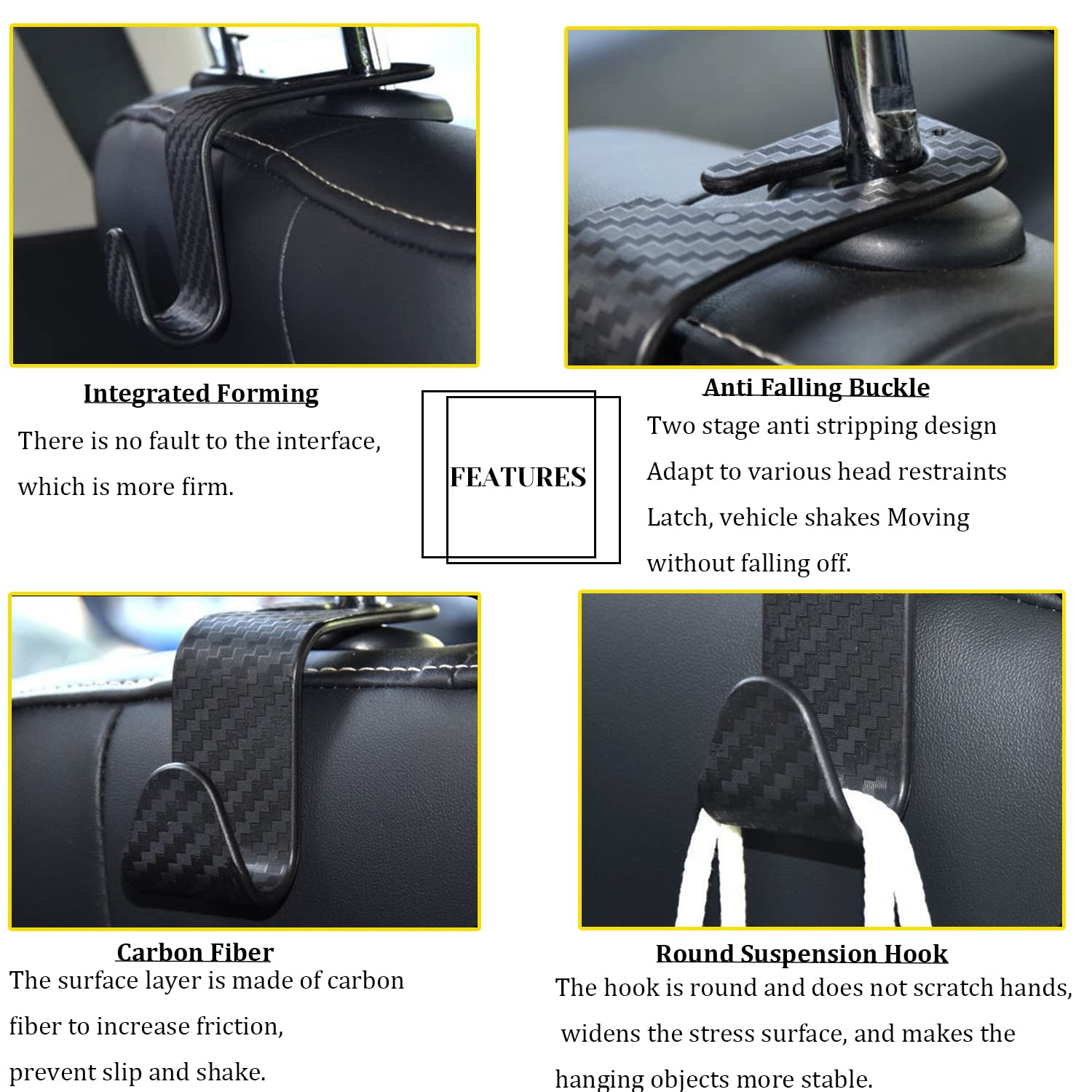 Pincuttee Car Hook for Purse and Bag 4 PCS, Universal Car Seat Hanger Seat Back Hook, Carbon Fiber Back Seat Organizer Hanger Storage Hook(Carbon Fiber)