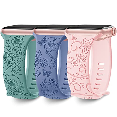 3 Pack Floral Engraved Bands Compatible with Apple Watch Band 40mm 41mm 38mm 42mm 44mm 45mm 49mm Women,Soft Silicone Cute Wildflowers Sport Laser Strap for iWatch Bands Series Ultra SE 8 6 5 4 3 2 1