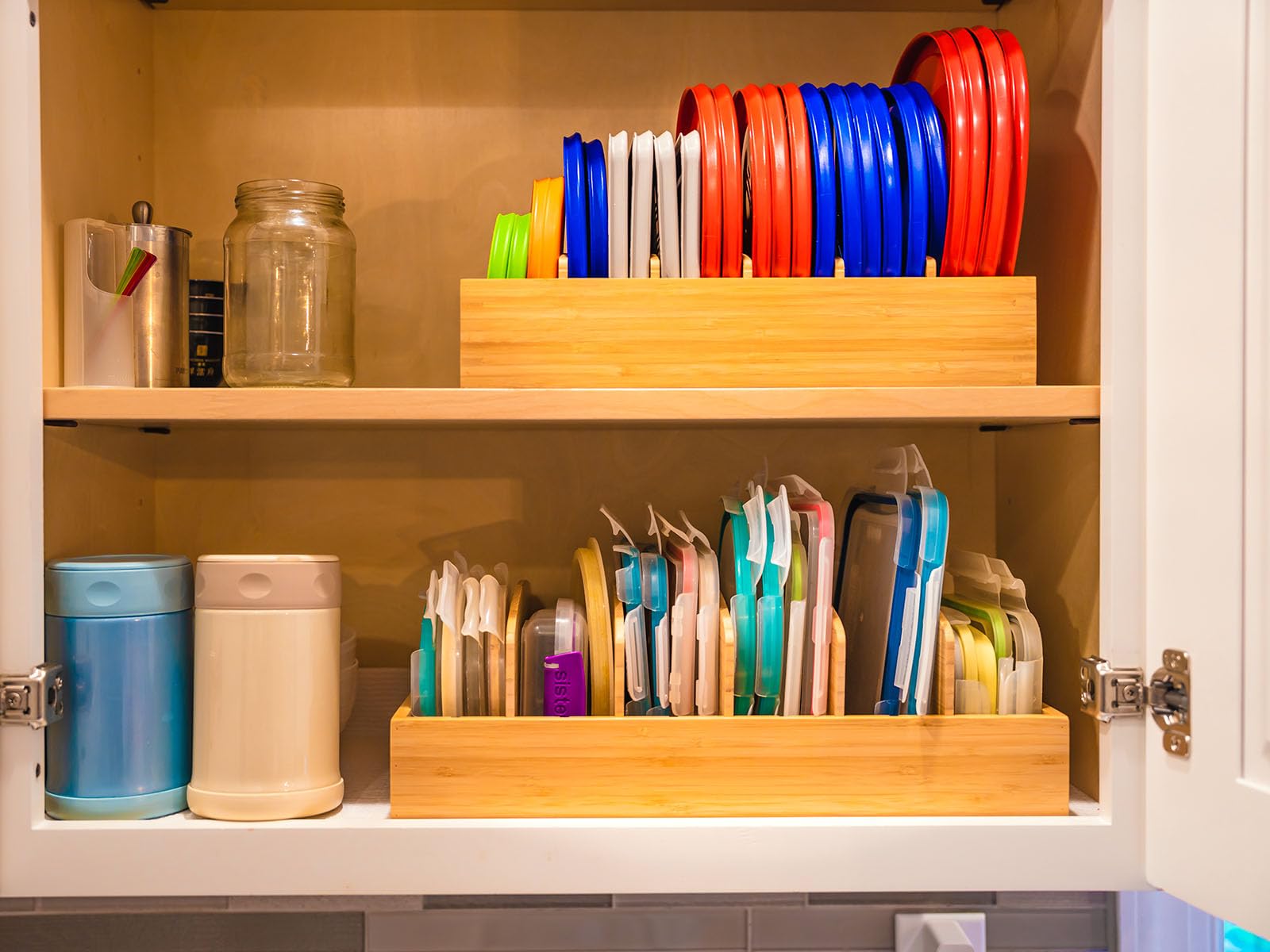 Umilife Kitchen Cabinet Organizer for Food Storage Container Lids, with Adjustable Dividers, Bamboo Drawer Caddy, Box for Kitchen Storage and Organization