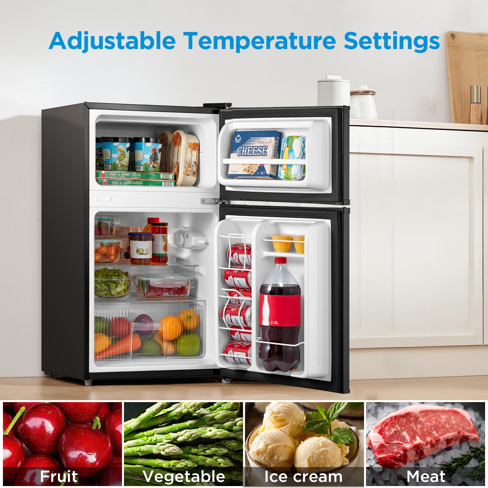 Midea WHD-113FB1 Double Door Mini Fridge with Freezer for Bedroom Office or Dorm with Adjustable Remove Glass Shelves Compact Refrigerator, 3.1 cu ft, Black